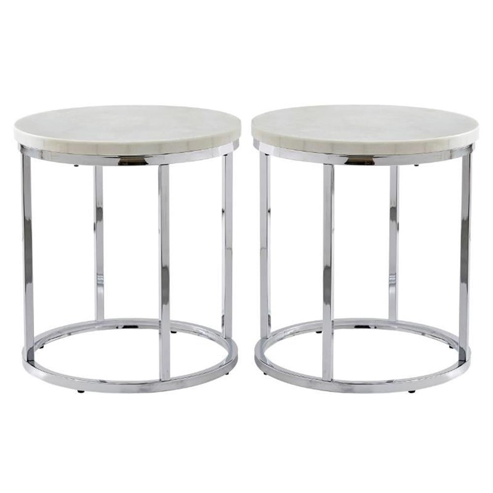 Home Square Marble Round Contemporary Metal End Table in White - Set of ...