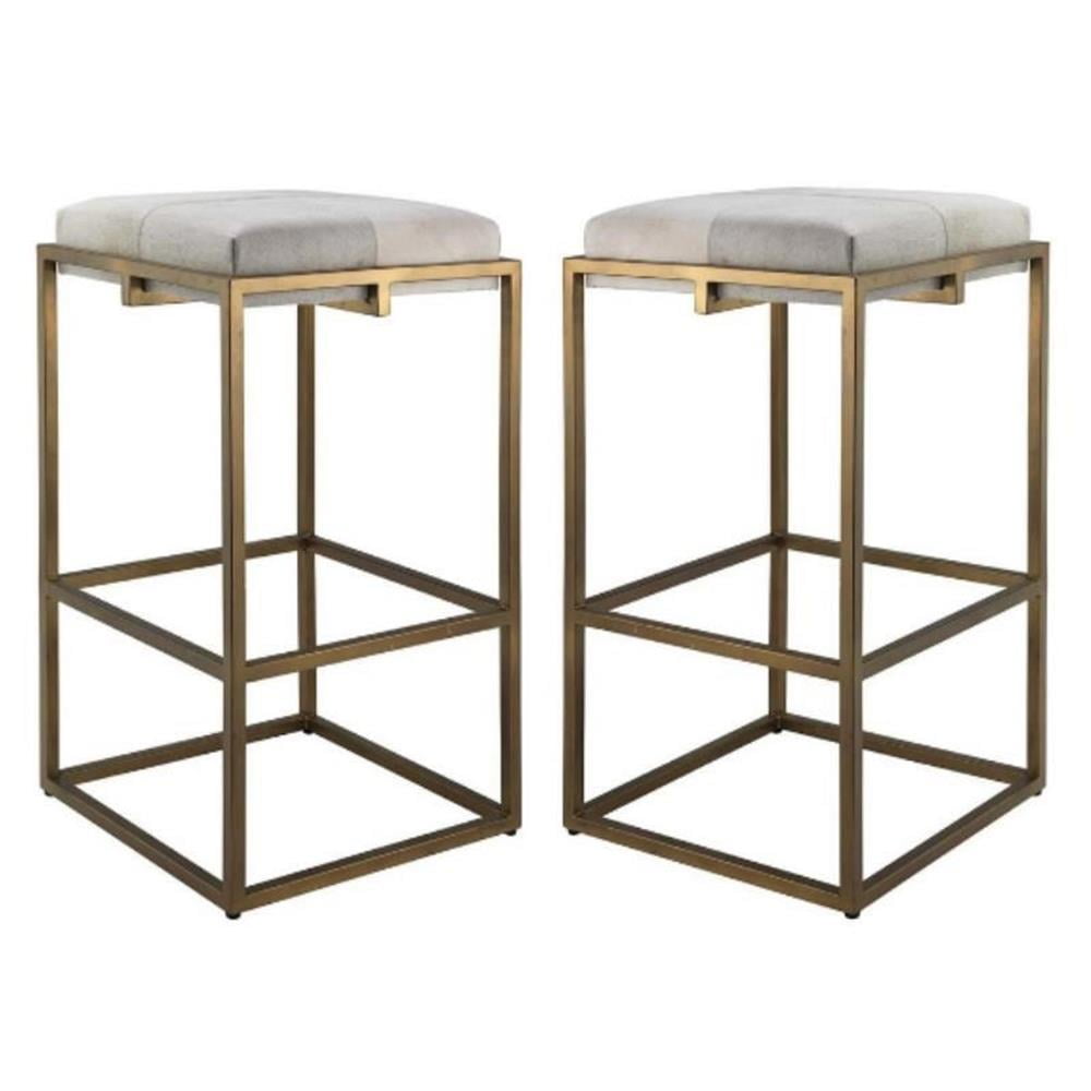 Home Square Modern Steel Metal & Hide Bar Stool in Antique Brass - Set ...