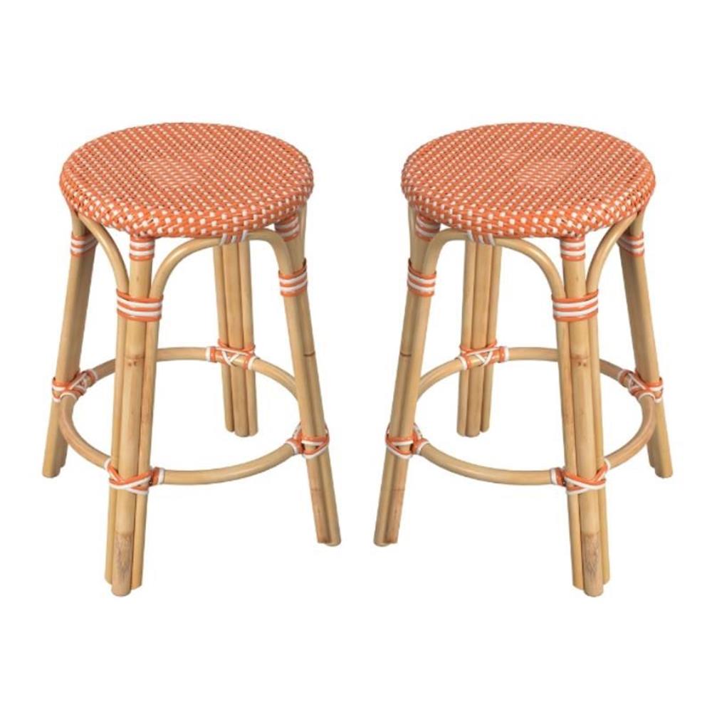 Home Square Rattan Round Backless Counter Stool in Orange and White ...