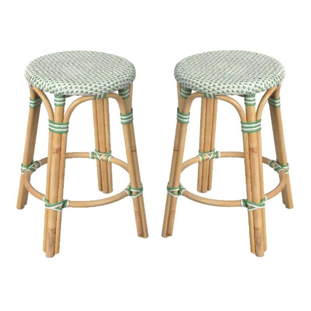 Home Square Rattan Round Backless Counter Stool in White and Green ...