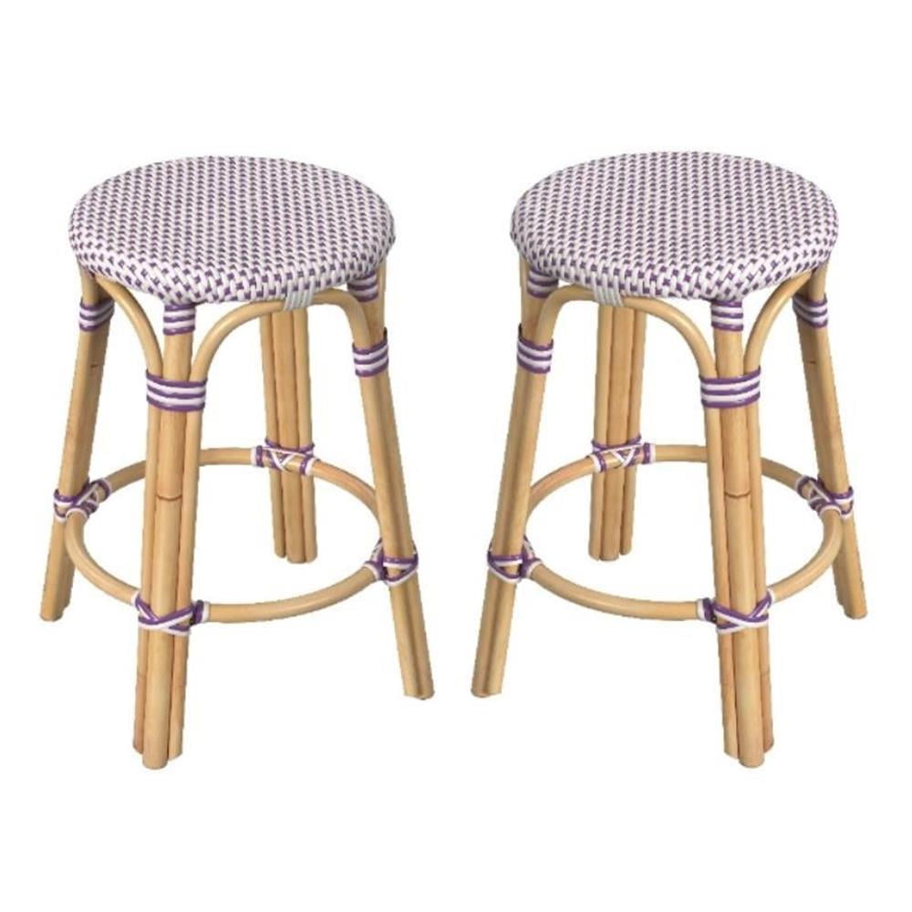 Home Square Rattan Round Backless Counter Stool in White and Purple ...