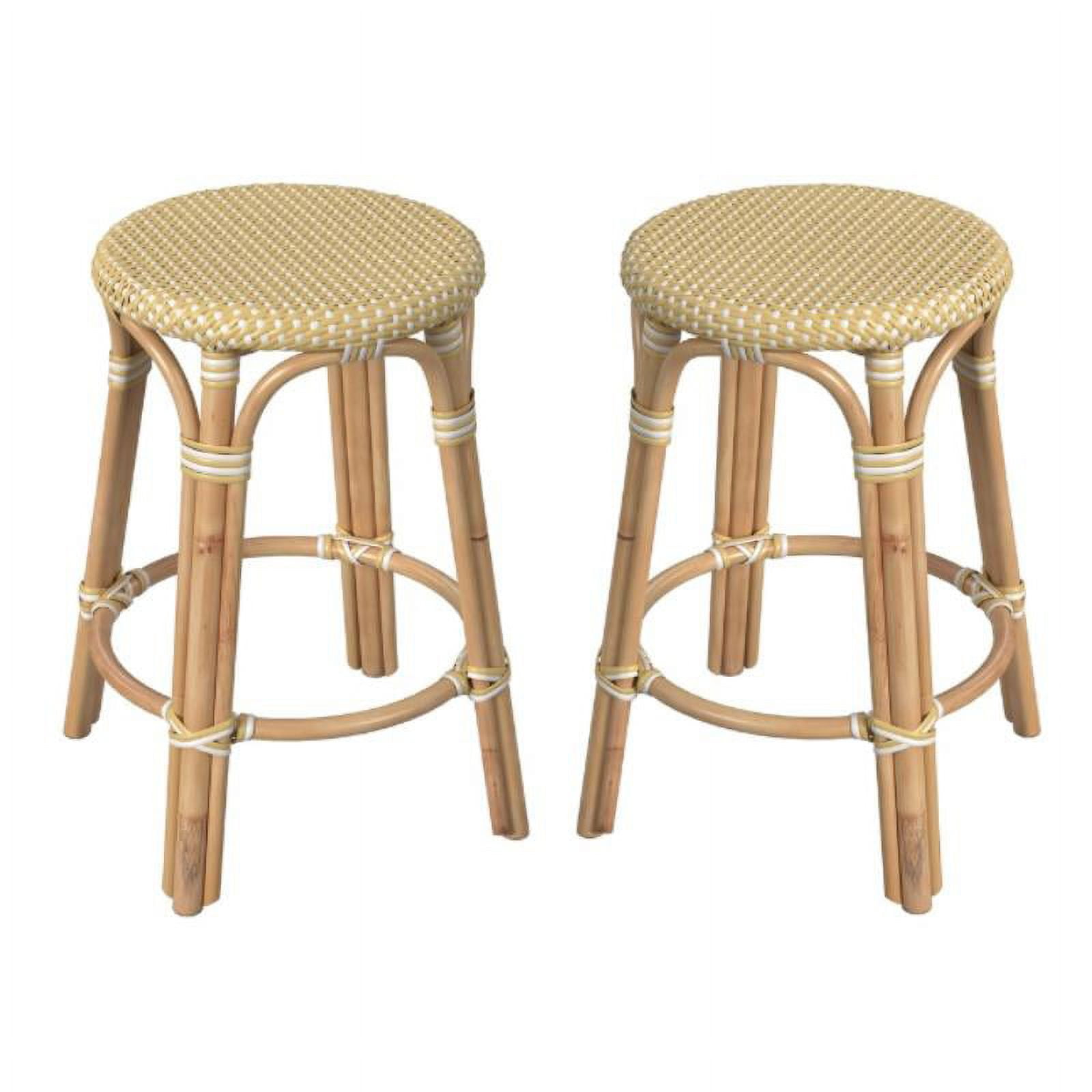 Home Square Rattan Round Backless Counter Stool in Yellow & White - Set ...