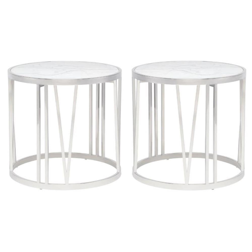 Home Square Roman Round Marble Top End Table in Silver and White - Set ...