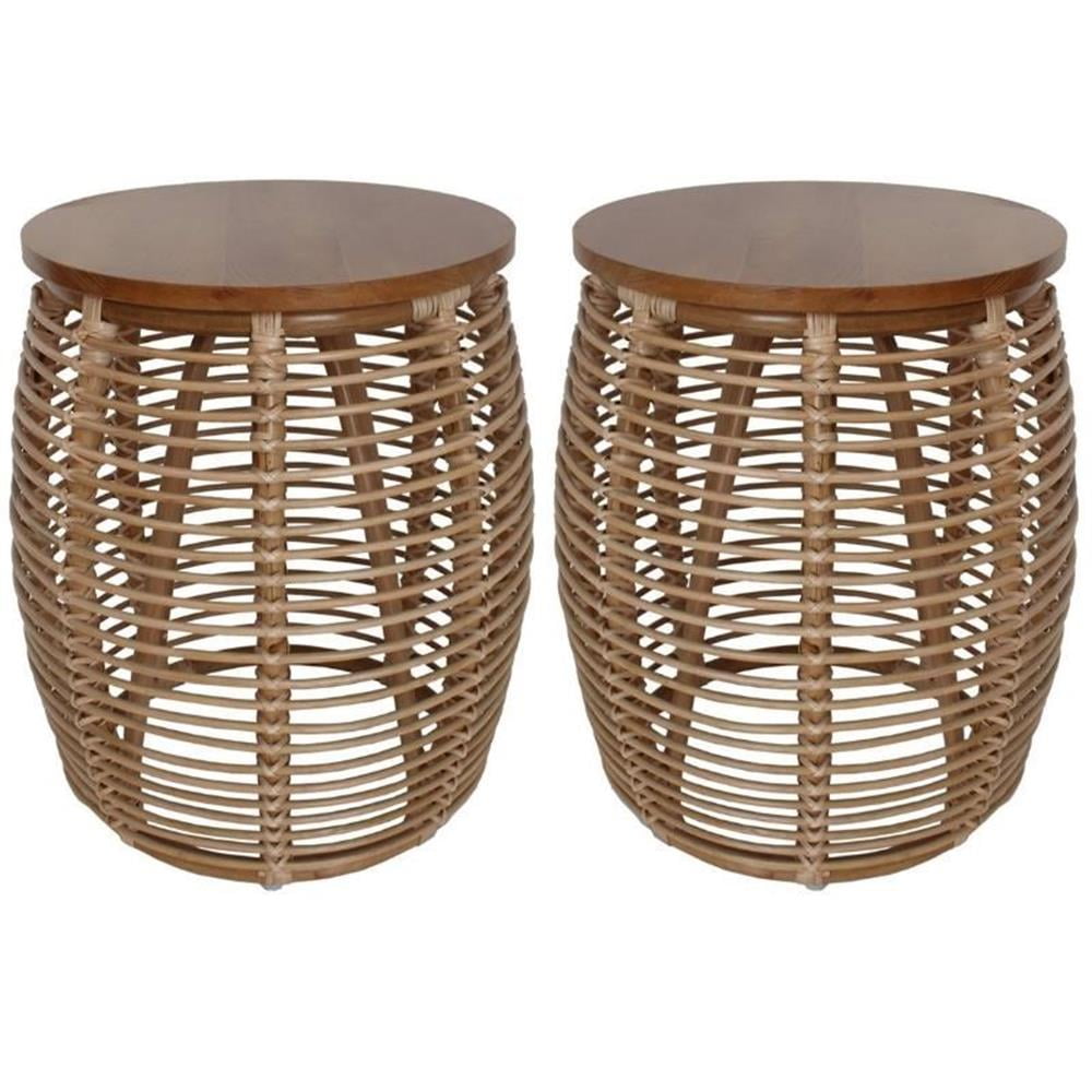Home Square Round Rattan End Table in Brown/Natural Honey - Set of 2 ...