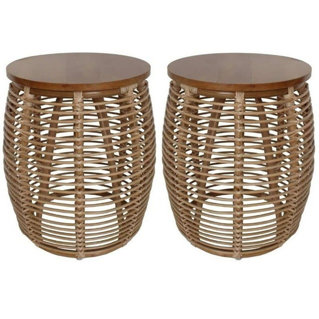 Home Square Round Rattan End Table in Brown/Natural Honey - Set of 2 ...