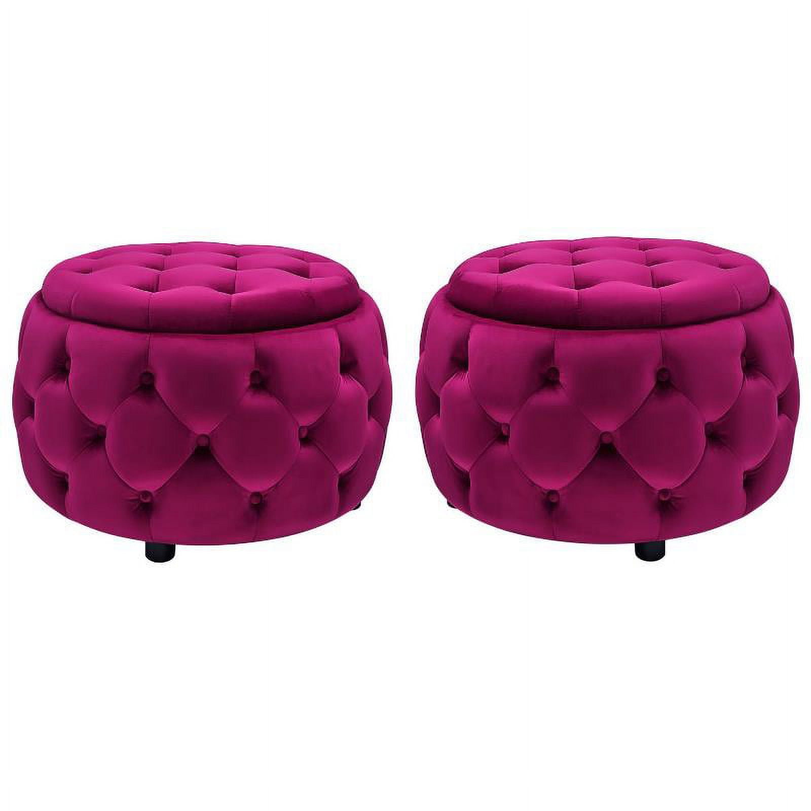 Home Square Round Velvet Tufted Storage Ottoman in Rose Red - Set of 2 ...