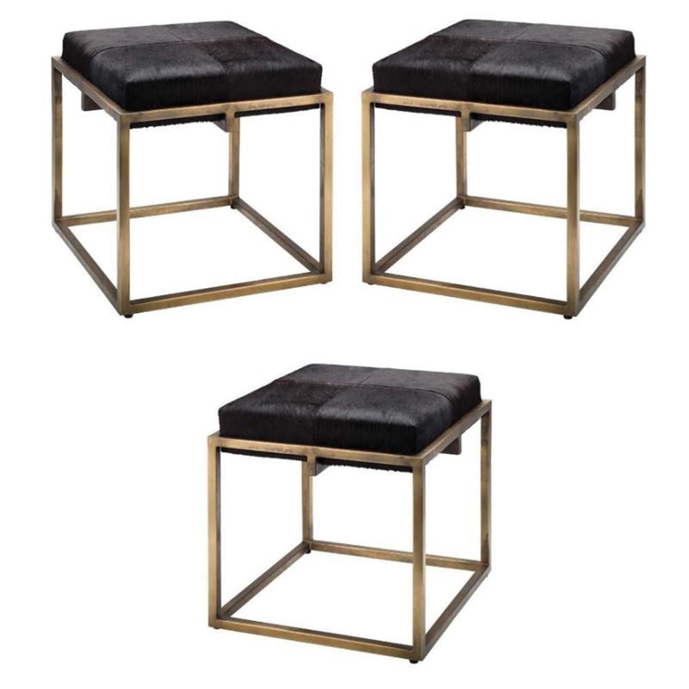 Home Square Small Steel Metal Hide Stool in Antique Brass & Espresso ...