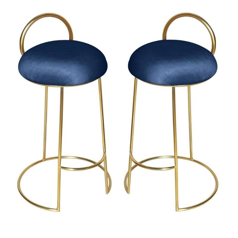 Home Square Soft Navy Velvet Counter Stool in Brushed Gold Finish - Set ...