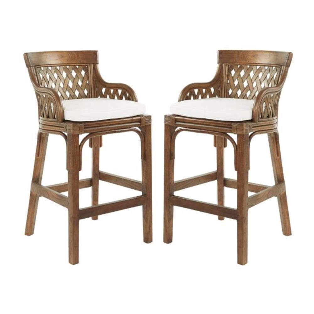 Home Square Stained Wood Rattan Frame Bar Stool in Brown - Set of 2 ...