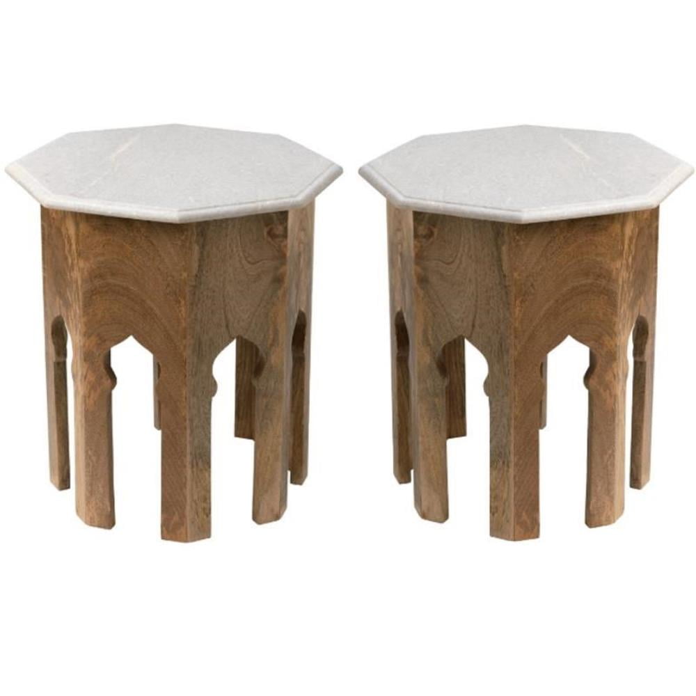Home Square Traditional Marble & Wood Side Table in White & Brown - Set ...