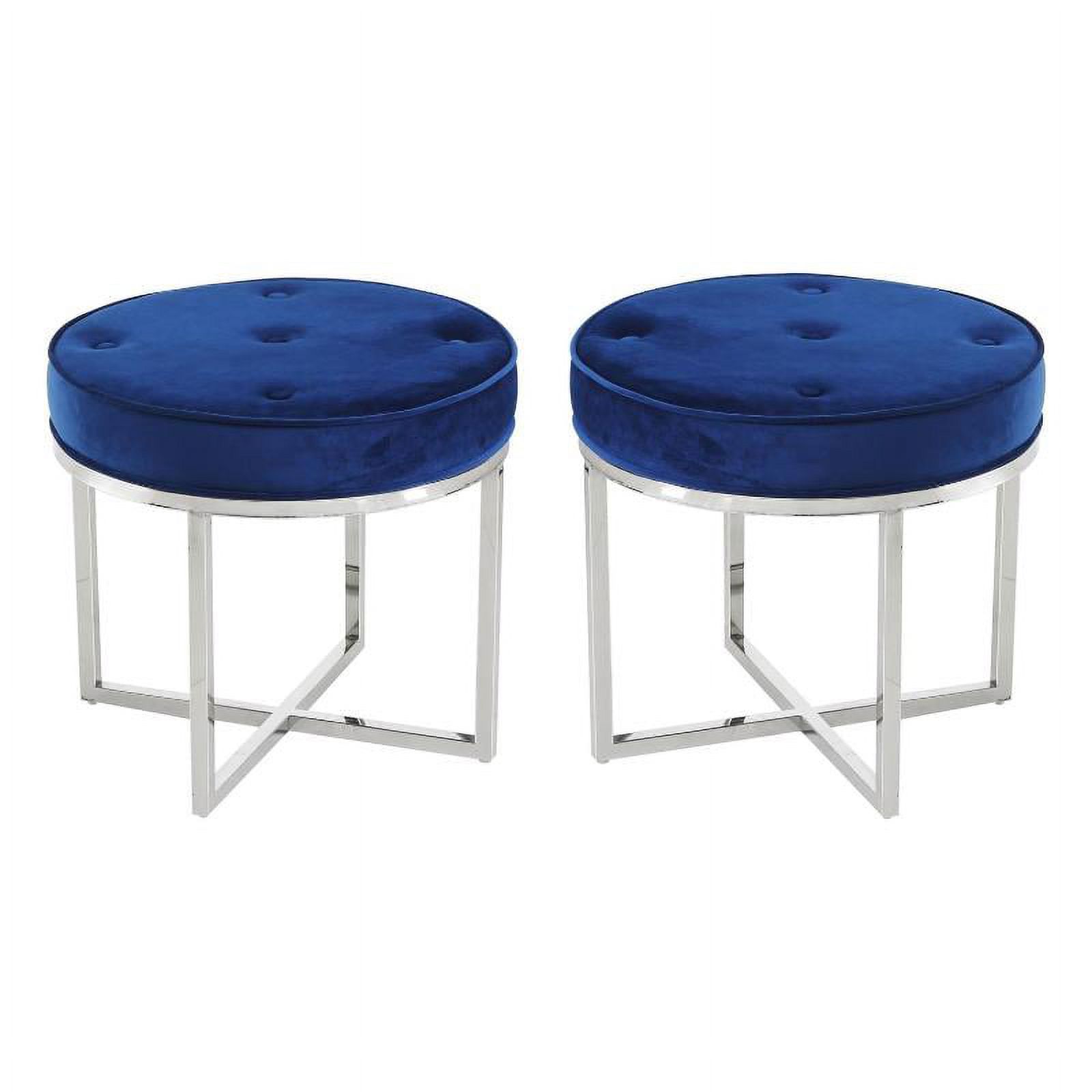 Home Square Velvet Round Accent Stool in Navy Blue & Silver Base - Set ...