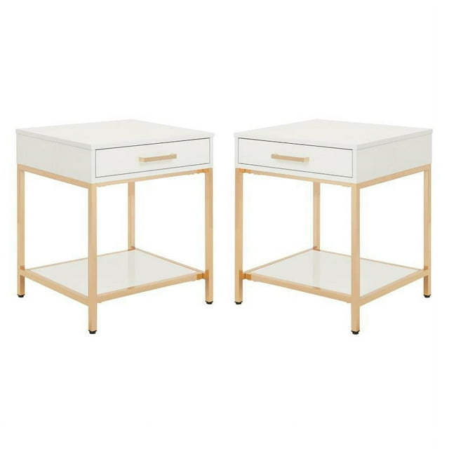 Home Square Wood End Table in White Gloss and Gold Plated Base - Set of ...