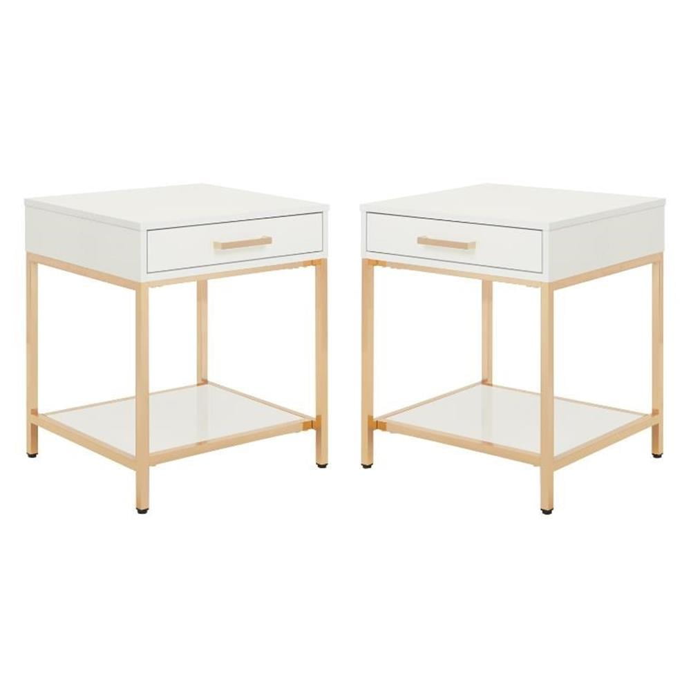 Home Square Wood End Table in White Gloss and Gold Plated Base - Set of ...