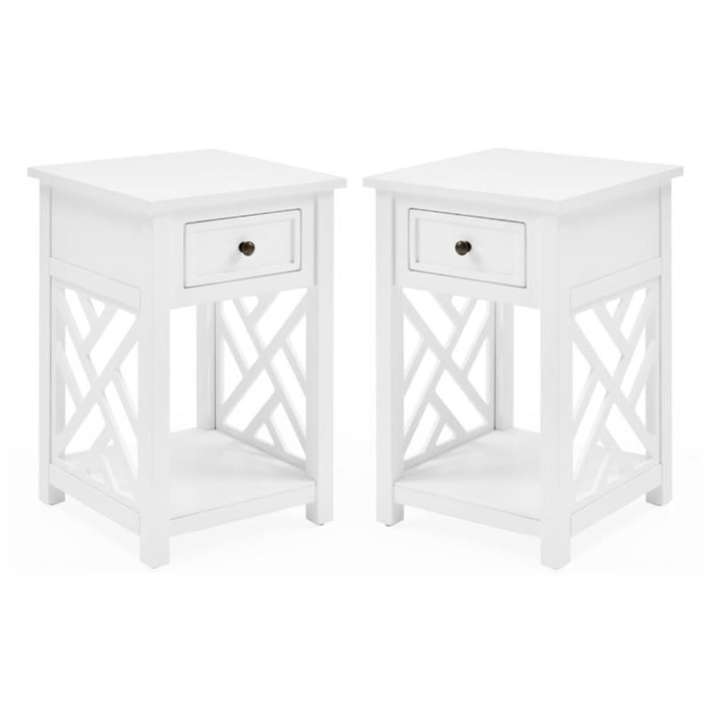 Home Square Wood End Table with Drawer and Shelf in White - Set of 2 ...