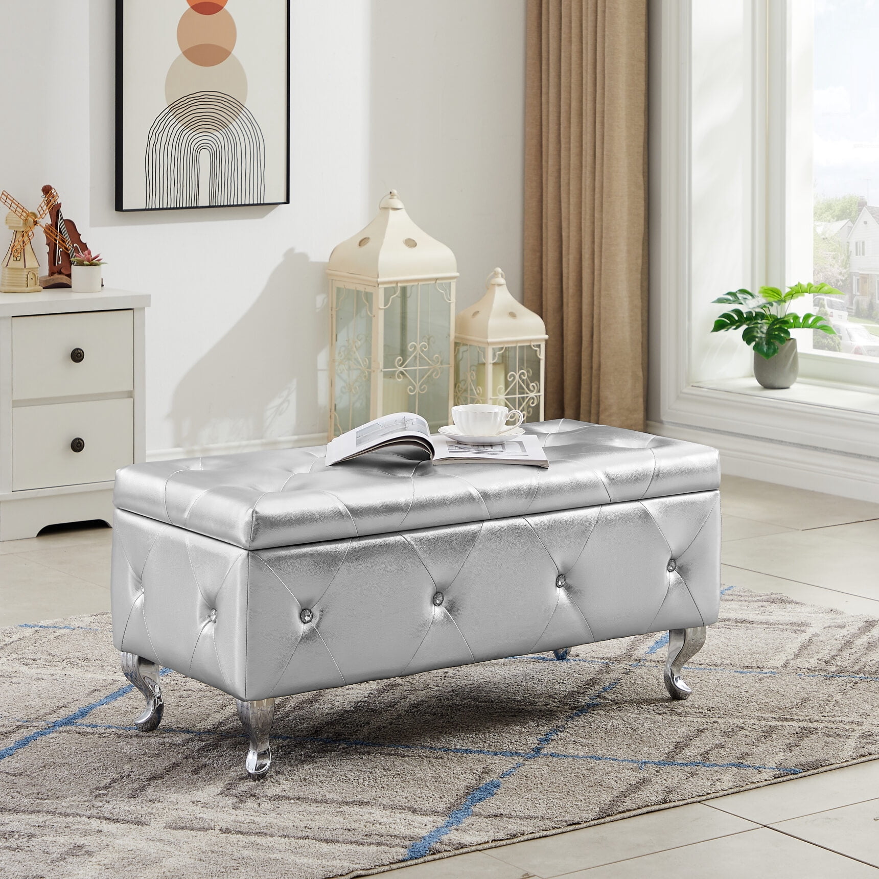 Home Storage Bench, Flip Top Entryway Seat with Crystal Buttons and ...