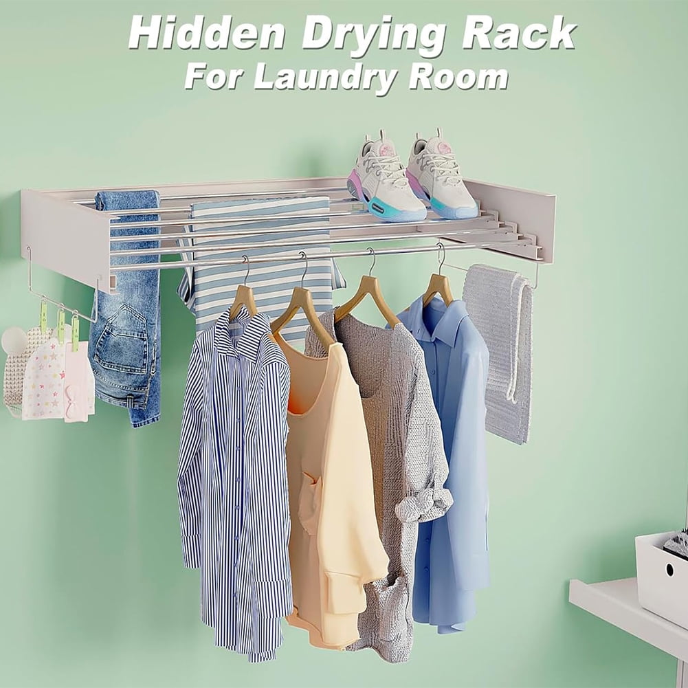 Home Storage Laundry Drying Rack Wall Mounted, Invisible Retractable ...