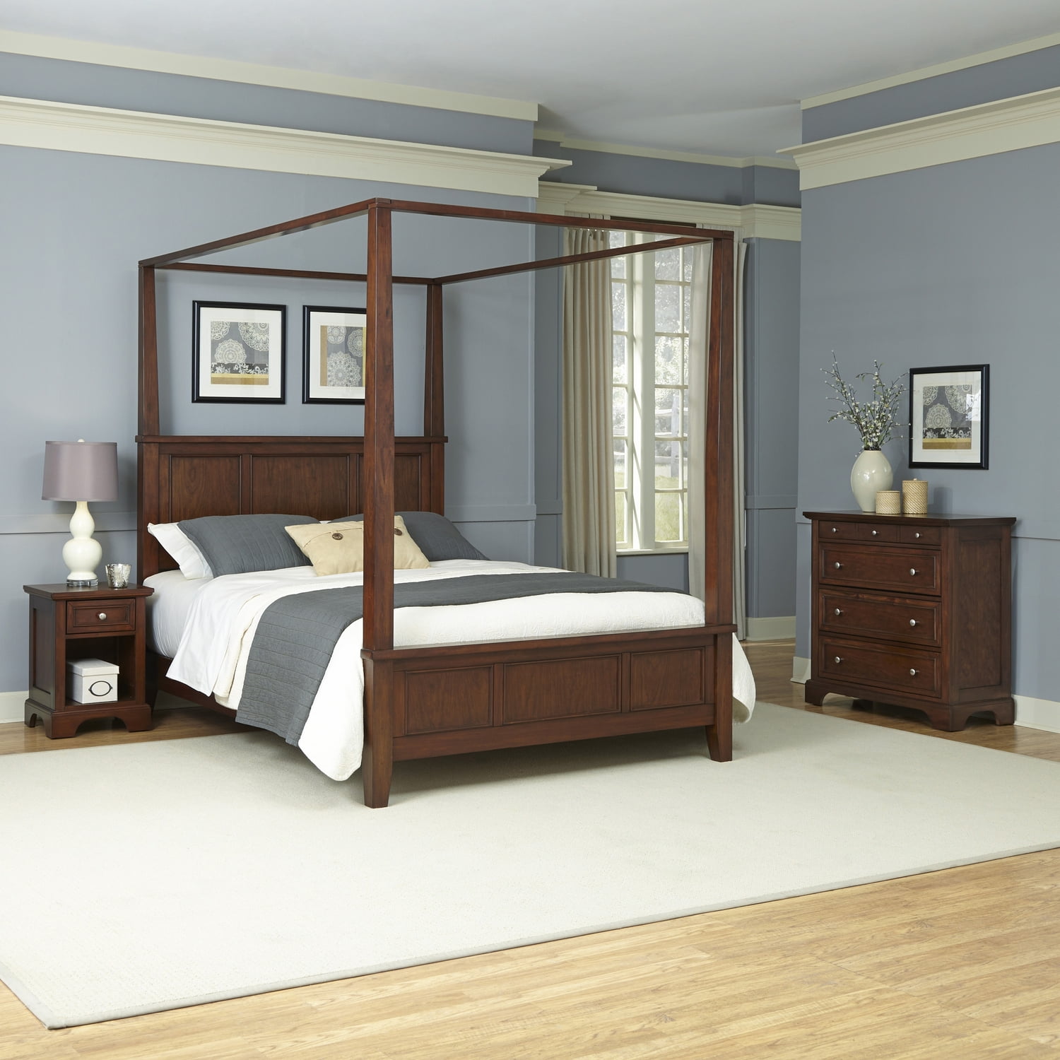 Home Styles Chesapeake Cherry Canopy Bed, Night Stand, and Chest-Size ...