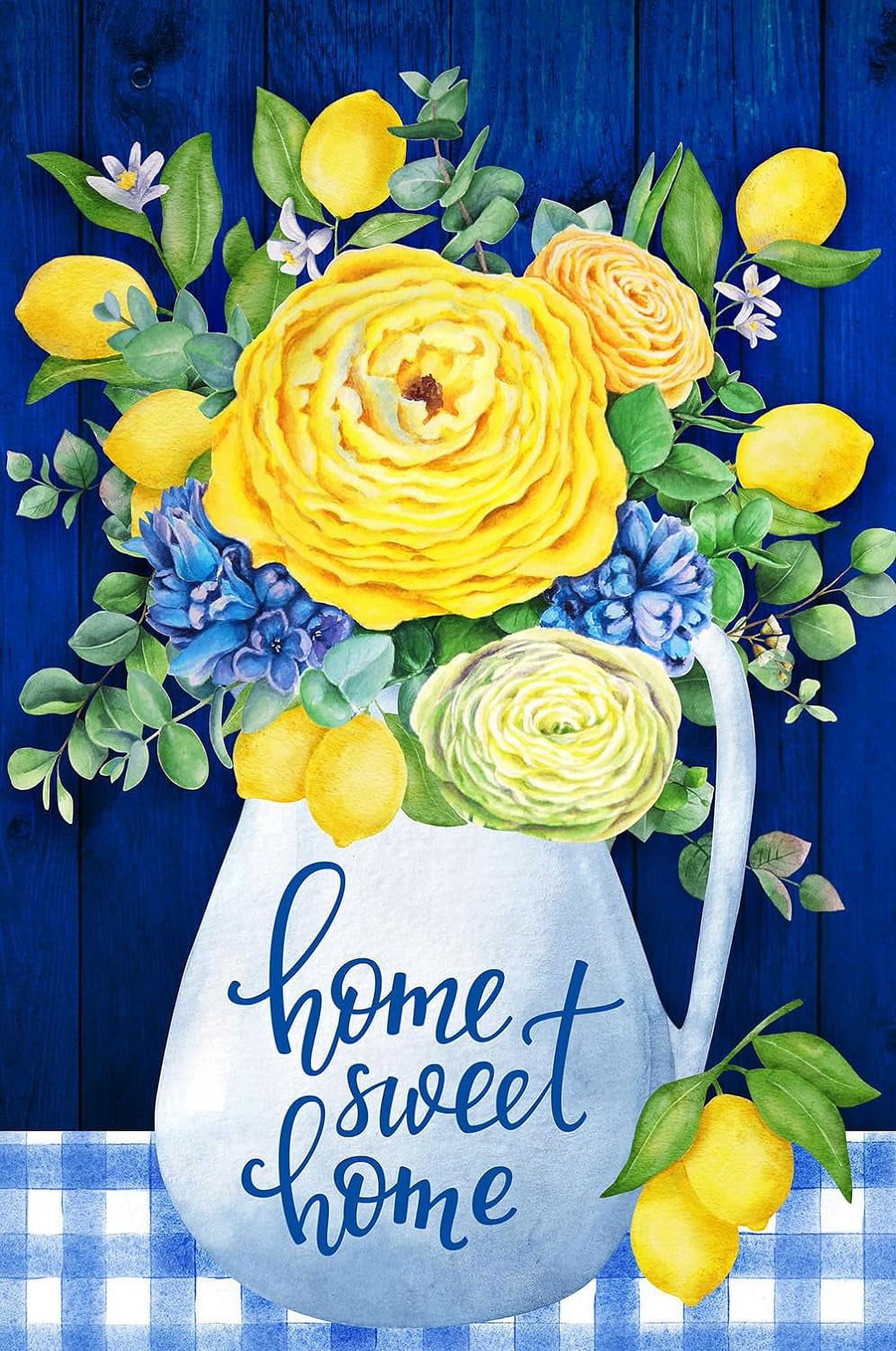 Home Sweet Home Blue and Yellow Flower Lemon Decoration Spring Summer ...