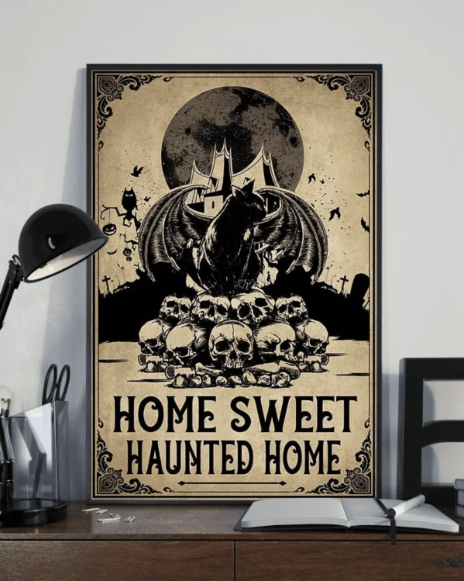 Home Sweet Haunted Home Black Cat Skull Halloween Poster 24 x 36 Inch ...
