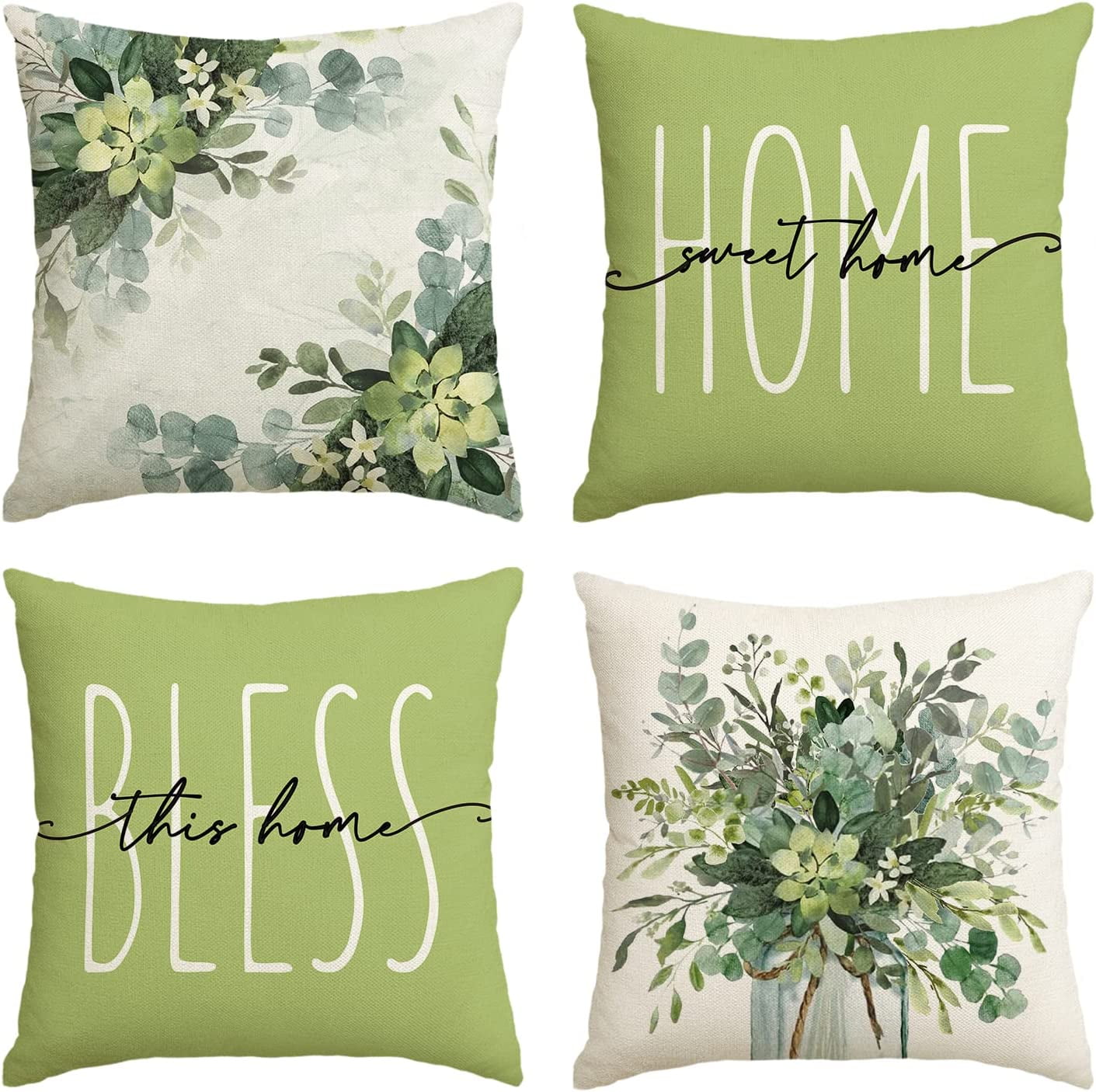 Home Sweet Home Eucalyptus Leaves Green Throw Pillow Covers, 18x18 Inch ...