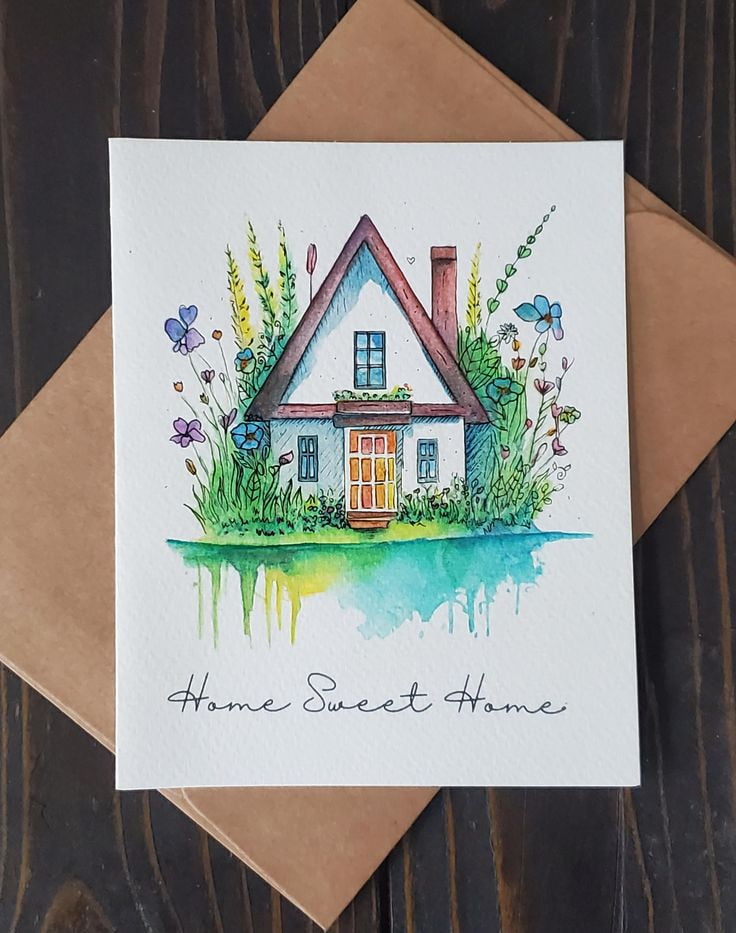 Home Sweet Home Greeting Card – Charming Hand-Illustrated House Design – Blank Inside with ...