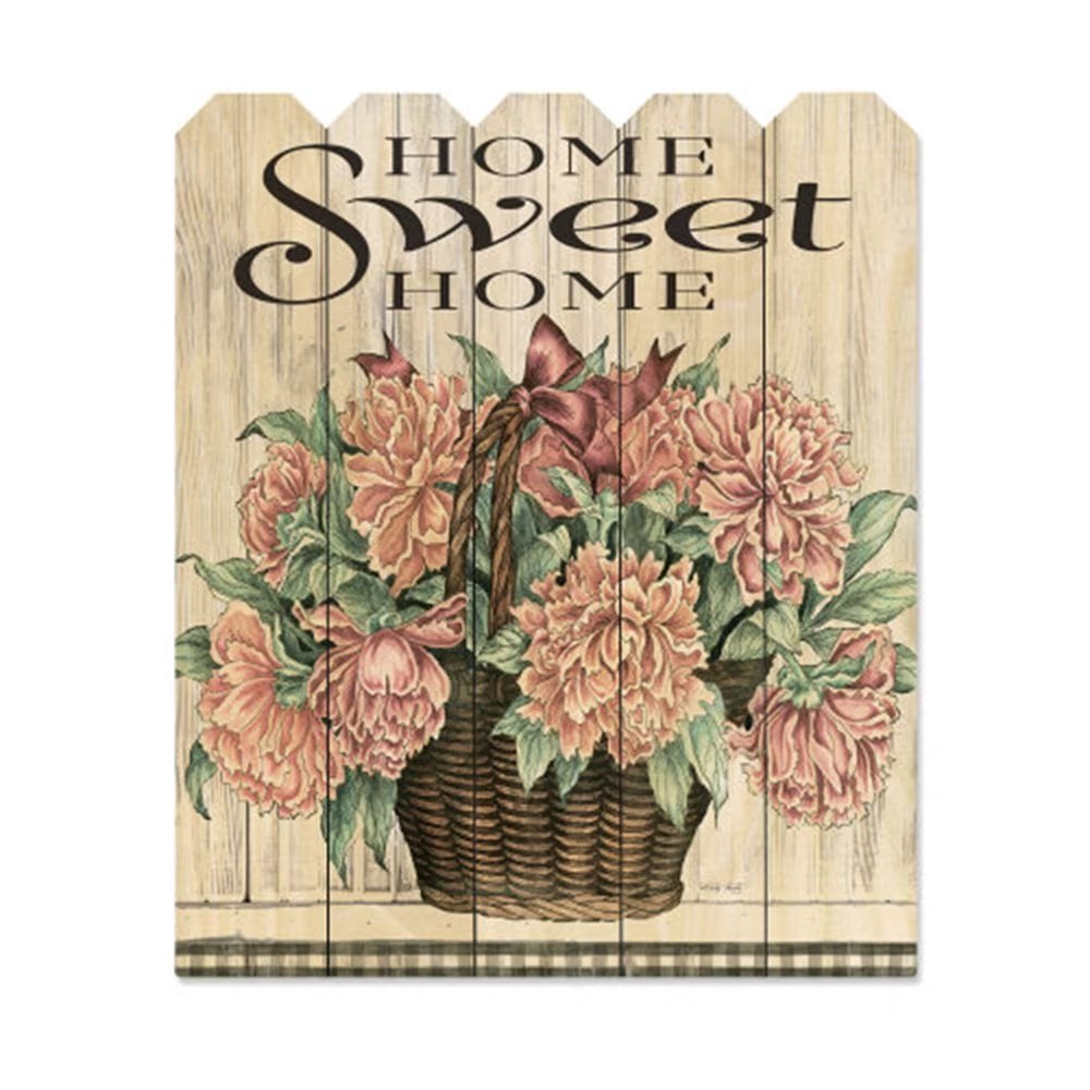''Home Sweet Home Peonies'' Printed on Wooden Picket Fence Wall Art ...