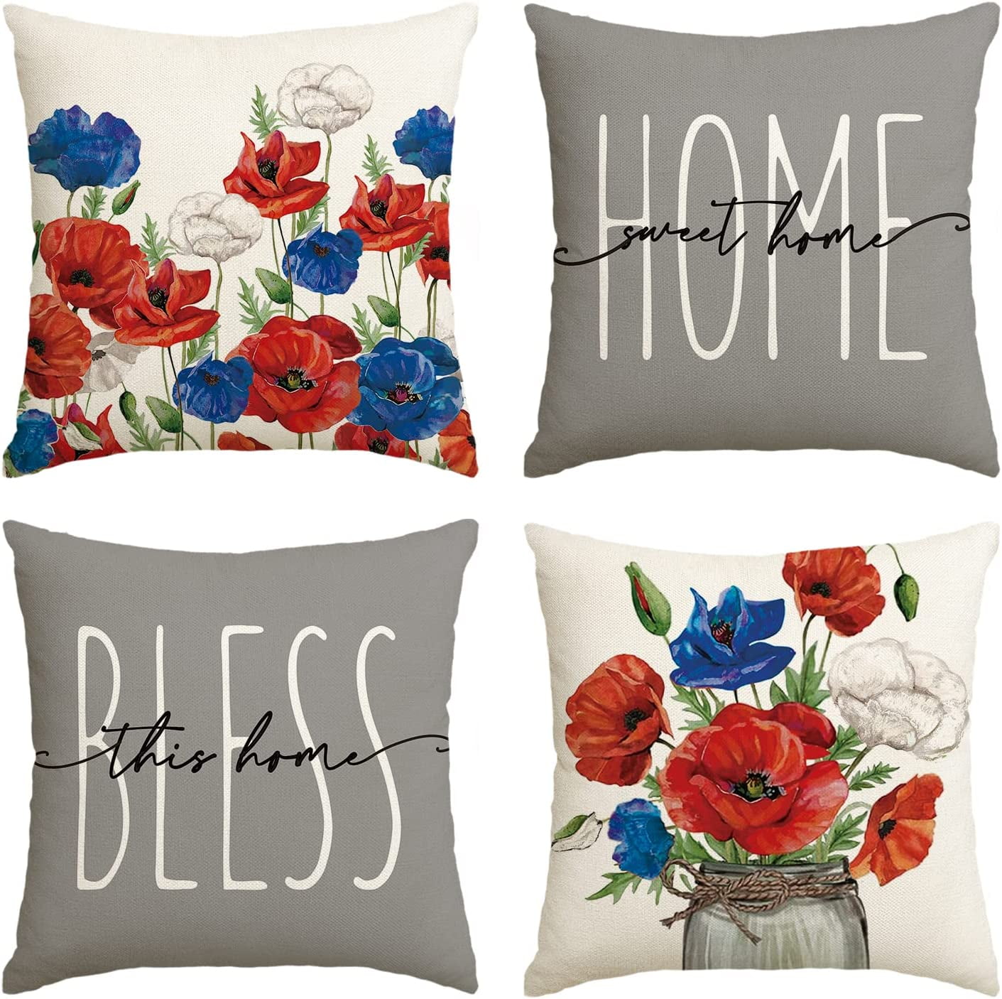 Home Sweet Home Poppy Throw Pillow Covers, 18x18 Inch Spring Summer ...