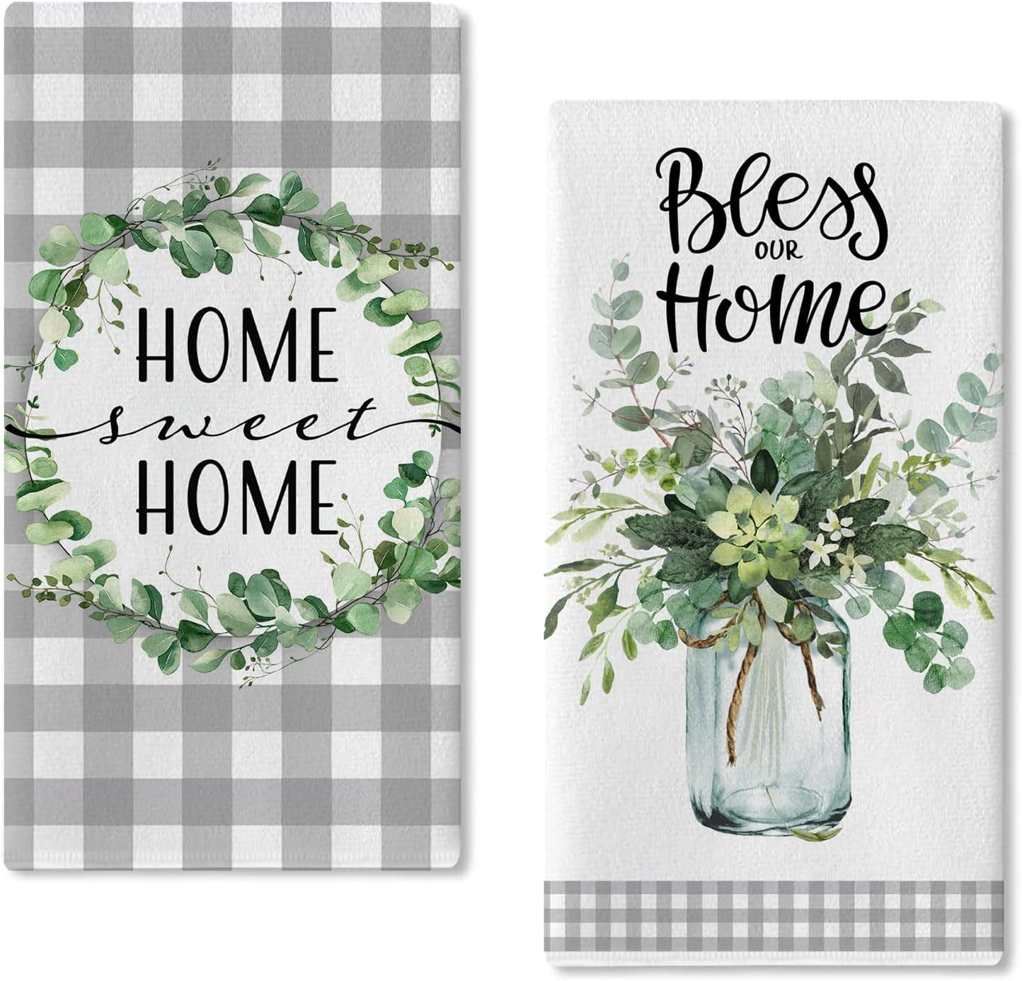 Home Sweet Home Spring Summer Kitchen Dish Towels Set of 2, Eucalyptus ...
