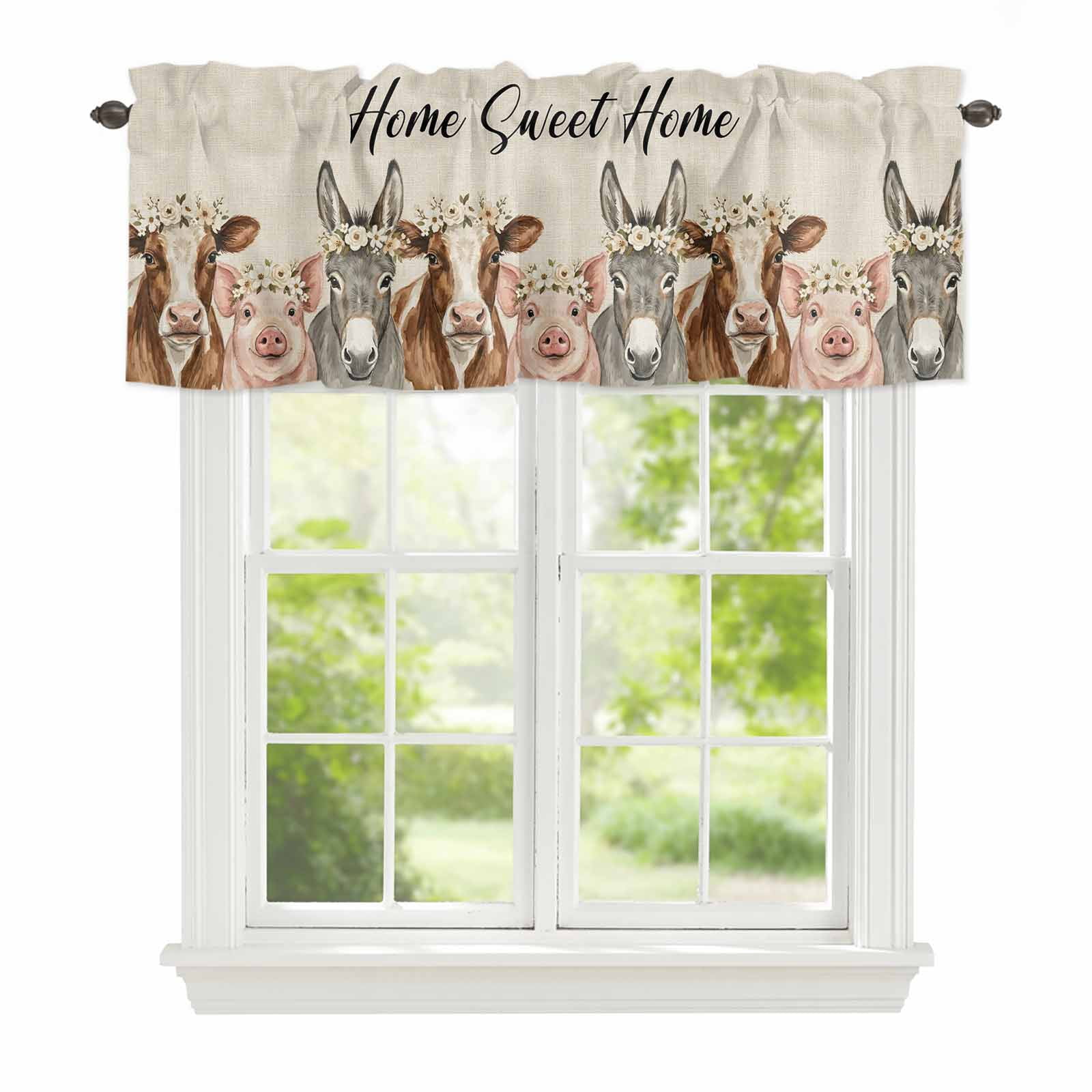 Home Sweet Home Window Valance for Kitchen, Watercolor Floral Cow Pig ...