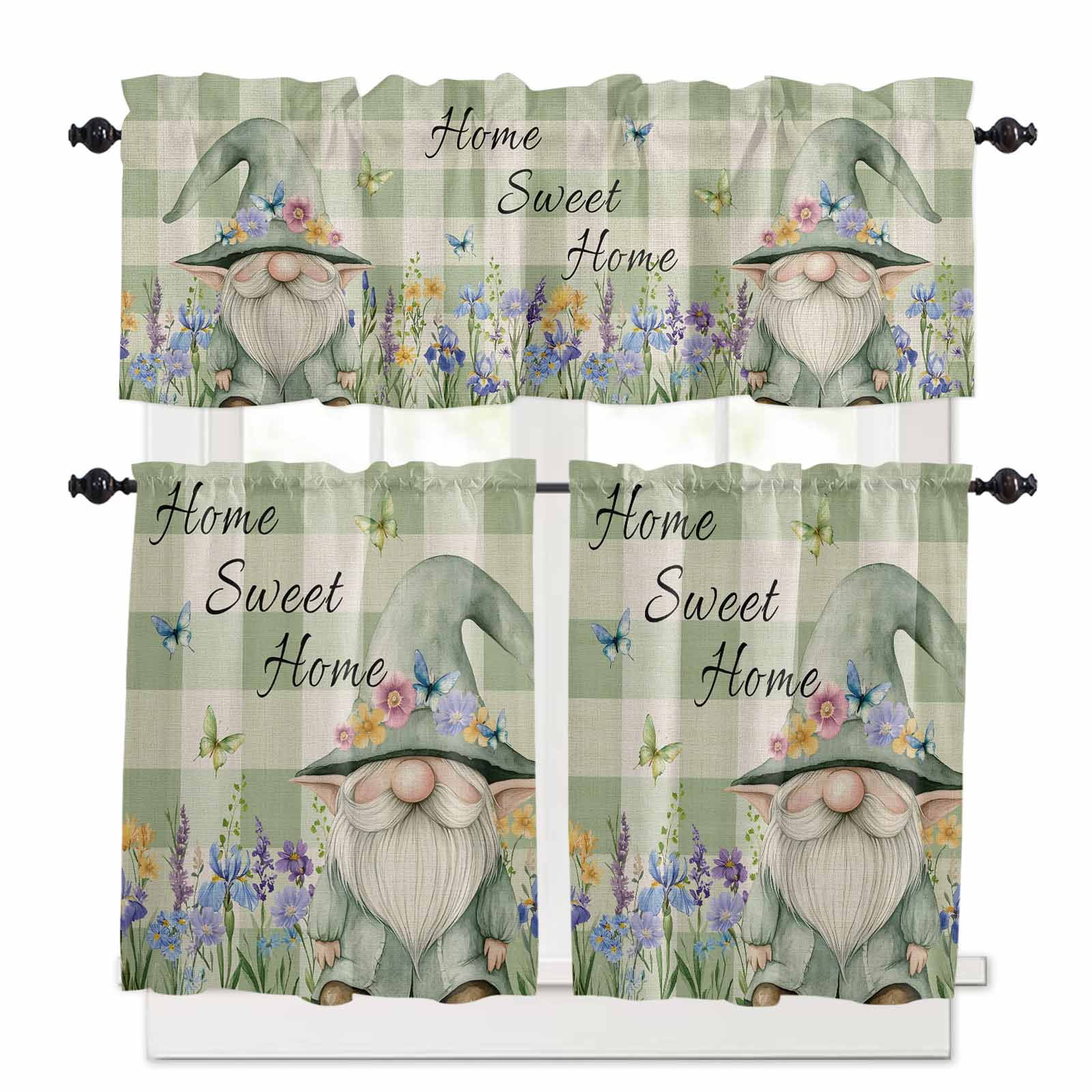 Home Sweet Kitchen Curtains Valance and Tier Set Gnome Butterfly Pink ...