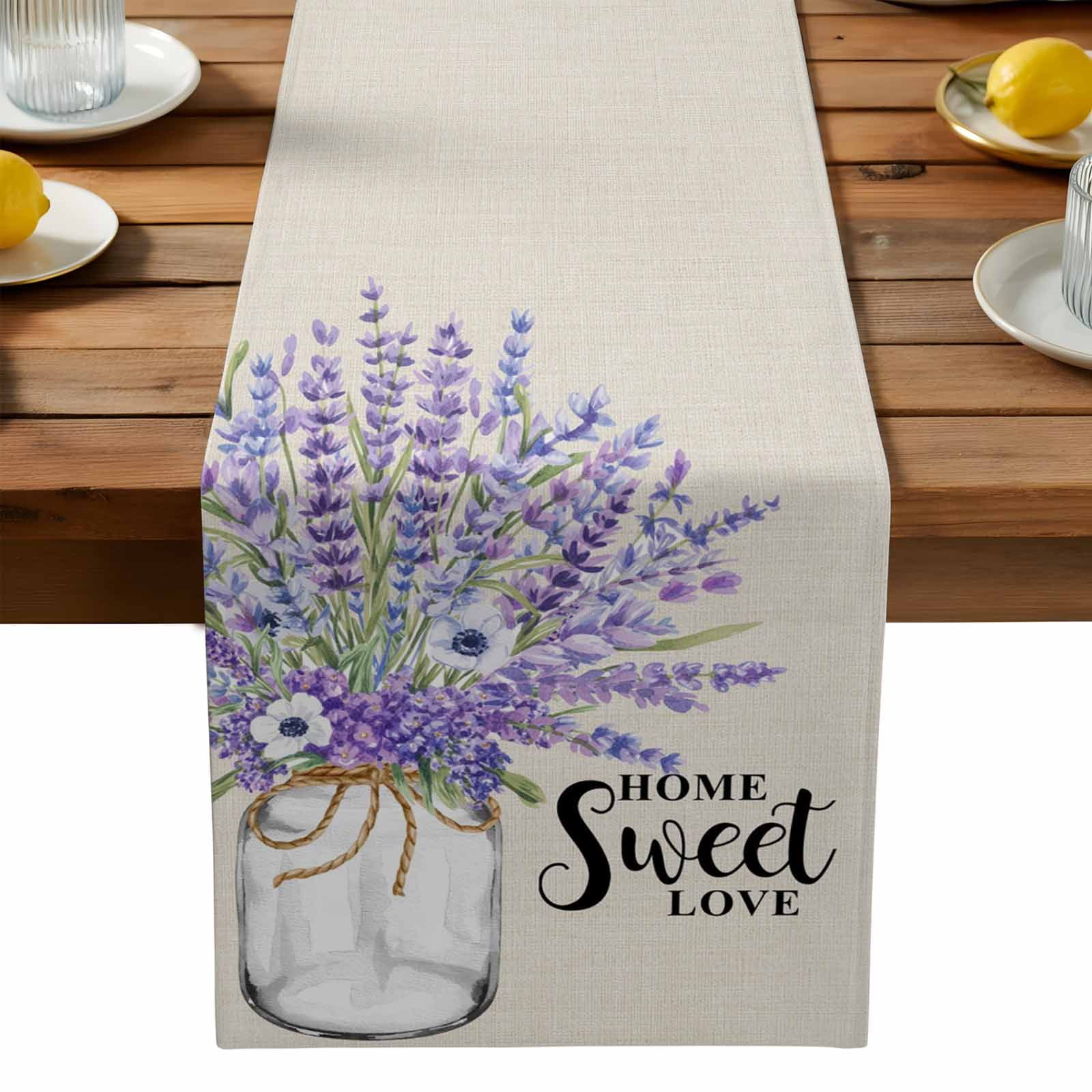 Home Sweet Love Table Runner, Watercolor Purple Lavender Bottle Spring ...