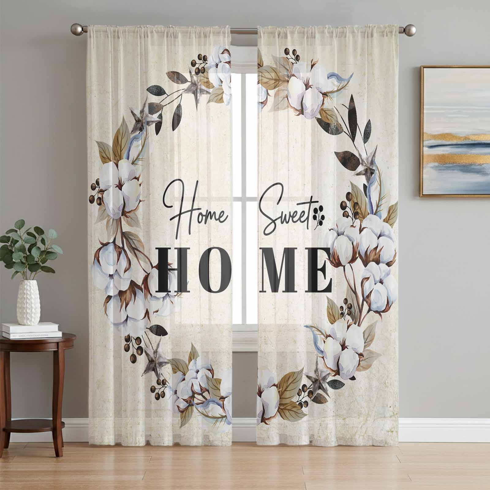 Home Sweet Sheer Curtains 63 Inch Length 2 Panels Set, Wreath Botanical ...