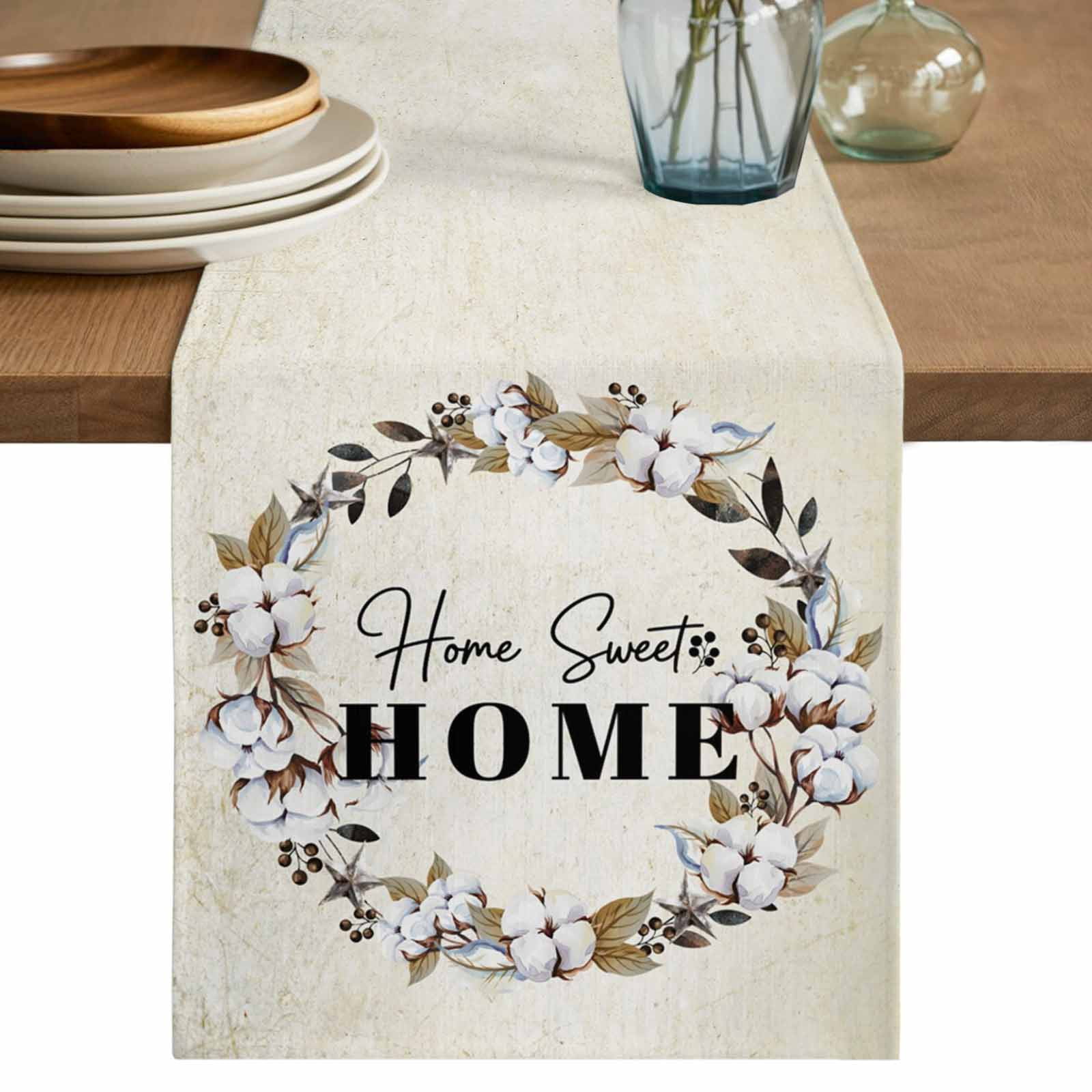 Home Sweet Table Runner 72 Inches, Wreath Botanical Farmhouse Plants ...