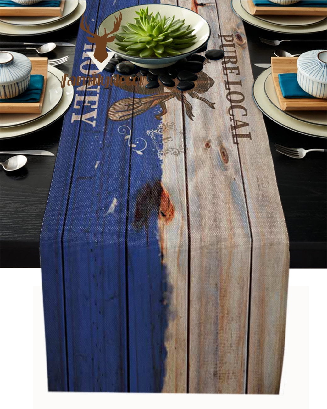 Home Table Runner Bee Retro Wood Grain Blue Cupboard Coffee Table Cover ...