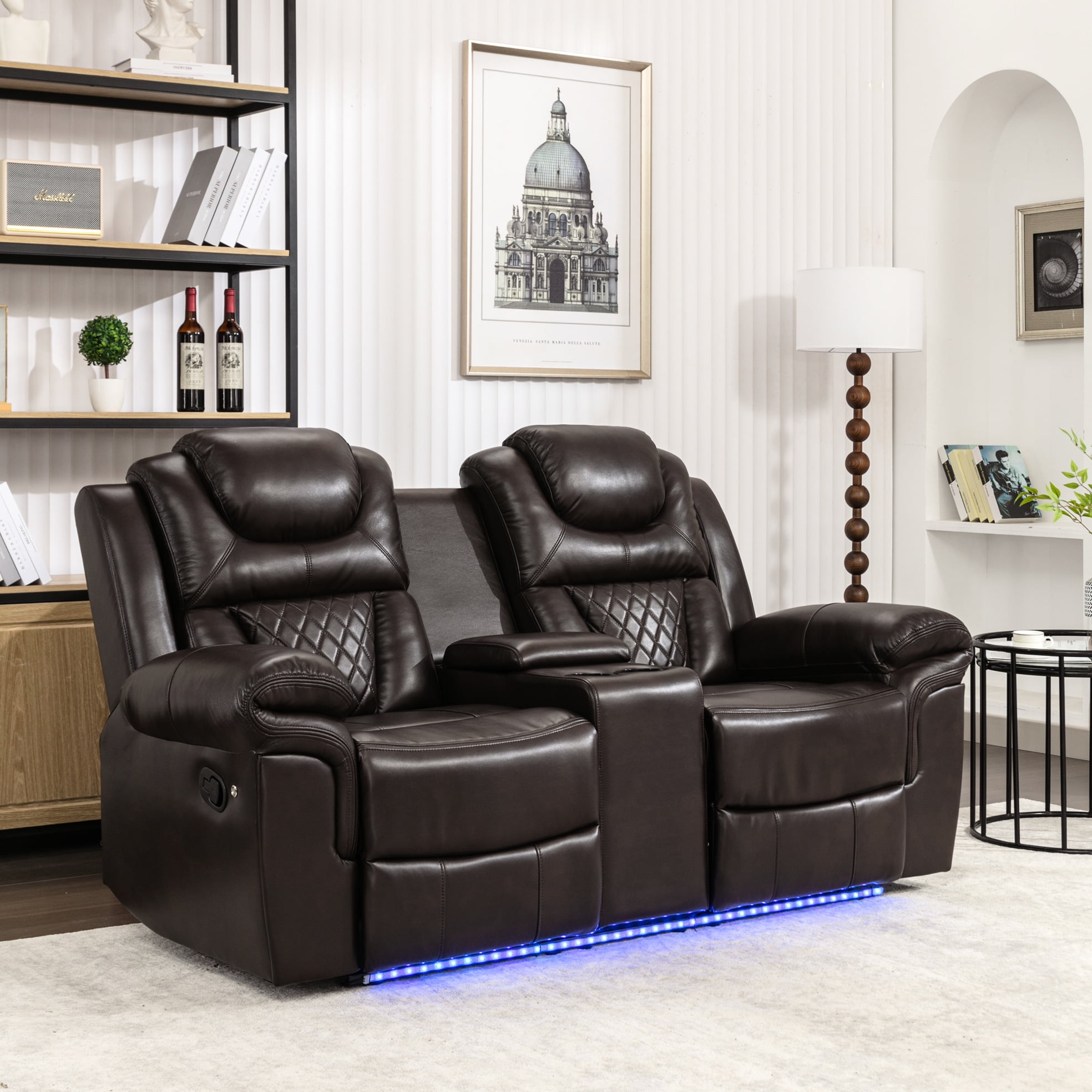 Home Theater Seating Recliner Chair - Manual, Brown Faux Leather ...