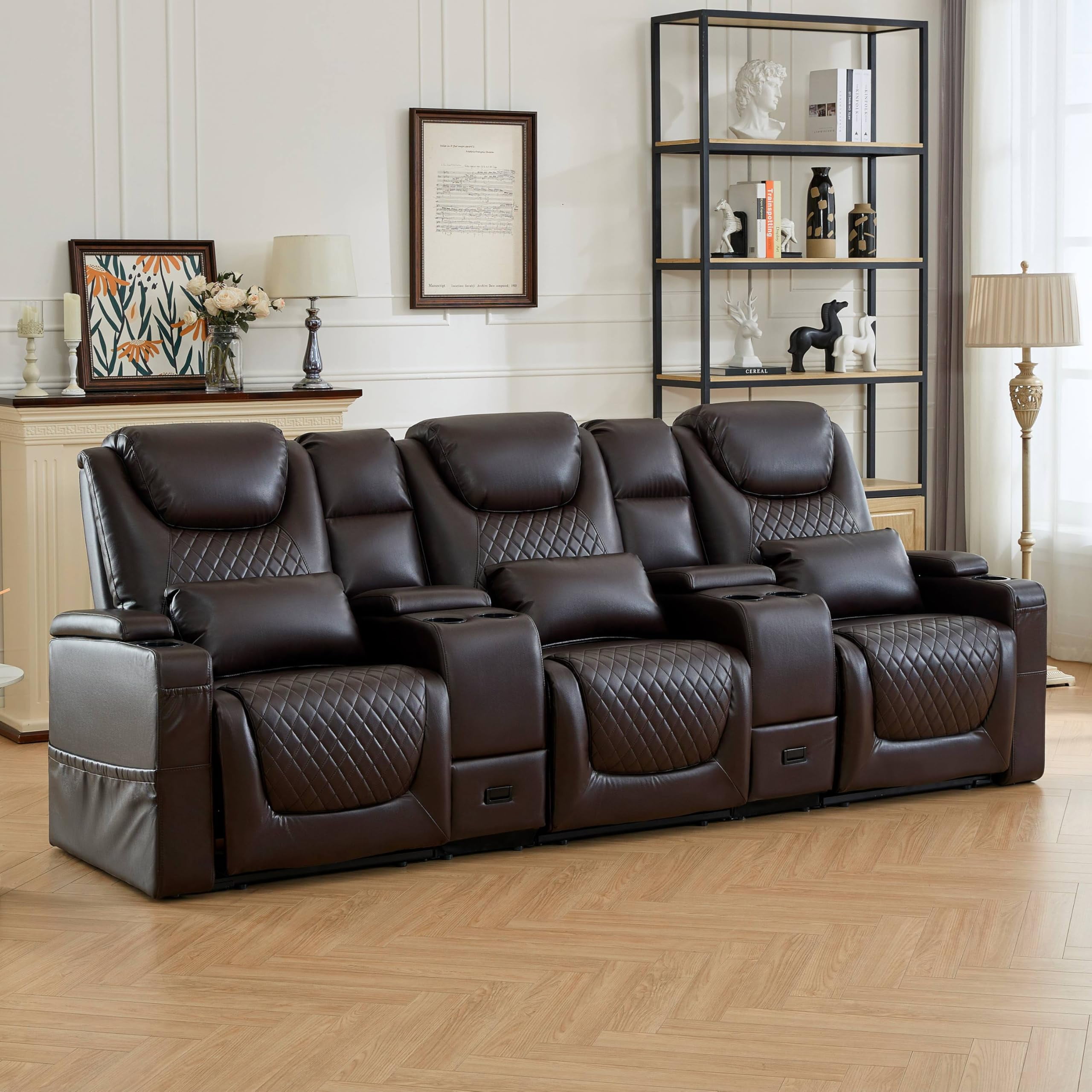 Home Theater Seating, Recliner Sofa PU Leather with Central Console and ...
