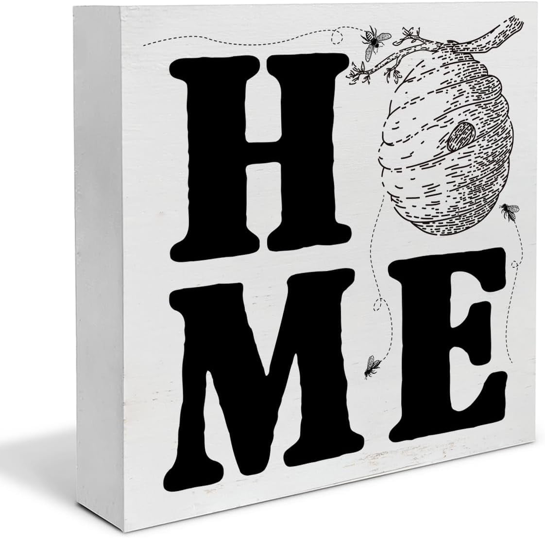 Home Theme Wood Box Sign Art Desk Decor 7x7 Inches Honey Home Wood ...