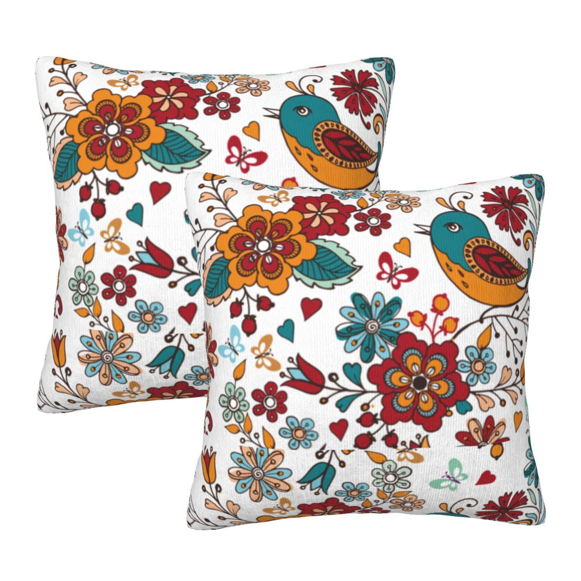 Home Throw Pillow Covers Colorful seamless pattern with birds, flowers and hearts Square Thick ...