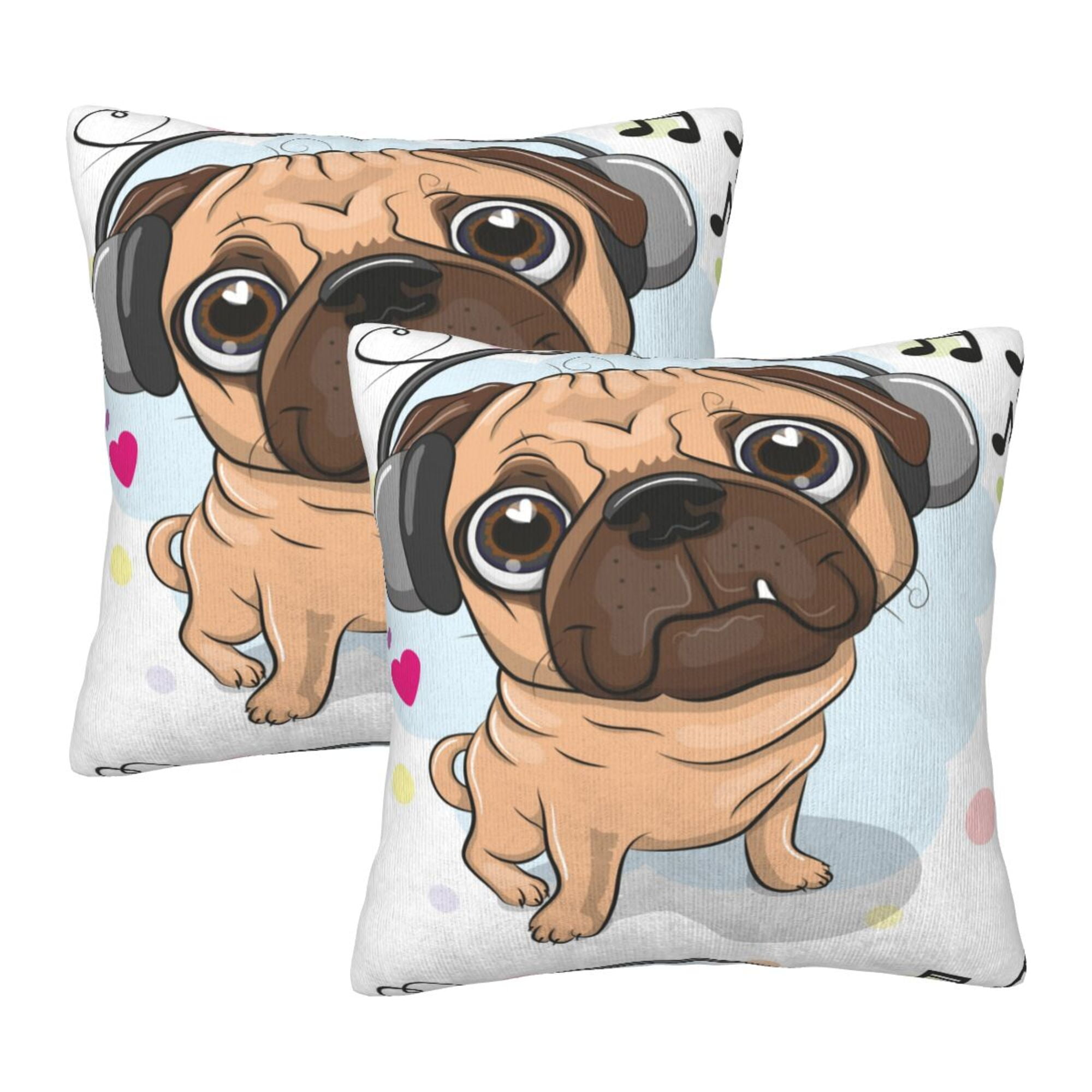 Home Throw Pillow Covers Cute cartoon pug dog with headphones Square ...