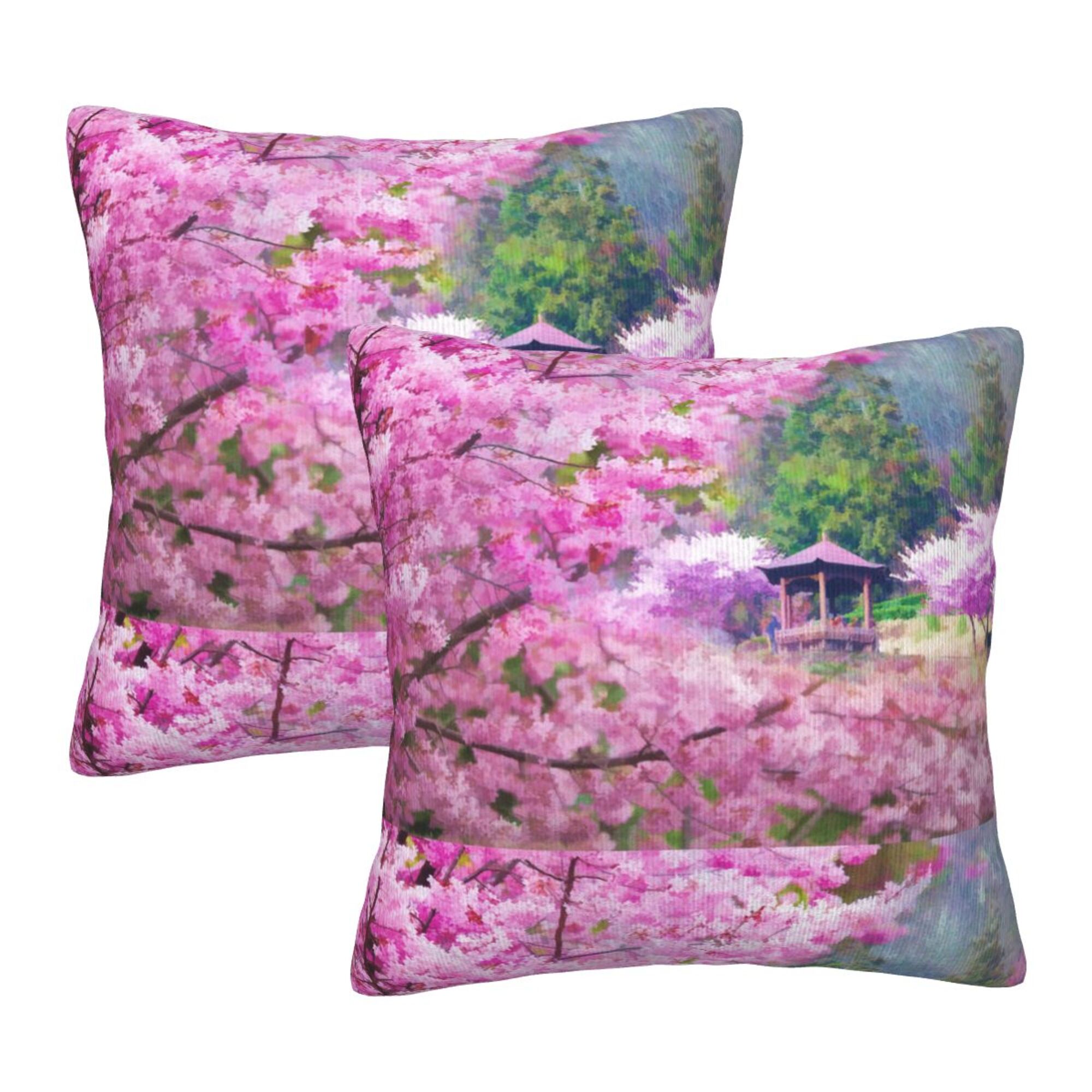 Home Throw Pillow Covers Landscape With Sakura Flower Distant Mountain ...