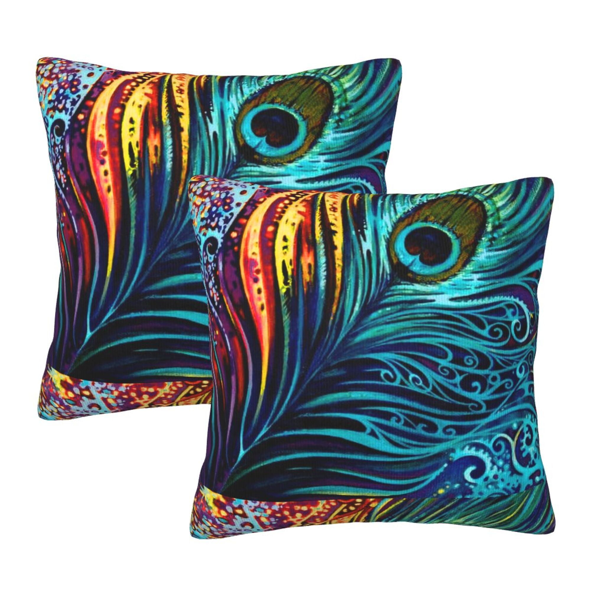 Home Throw Pillow Covers Multicolor Peacock Feather Art1 Square Thick ...