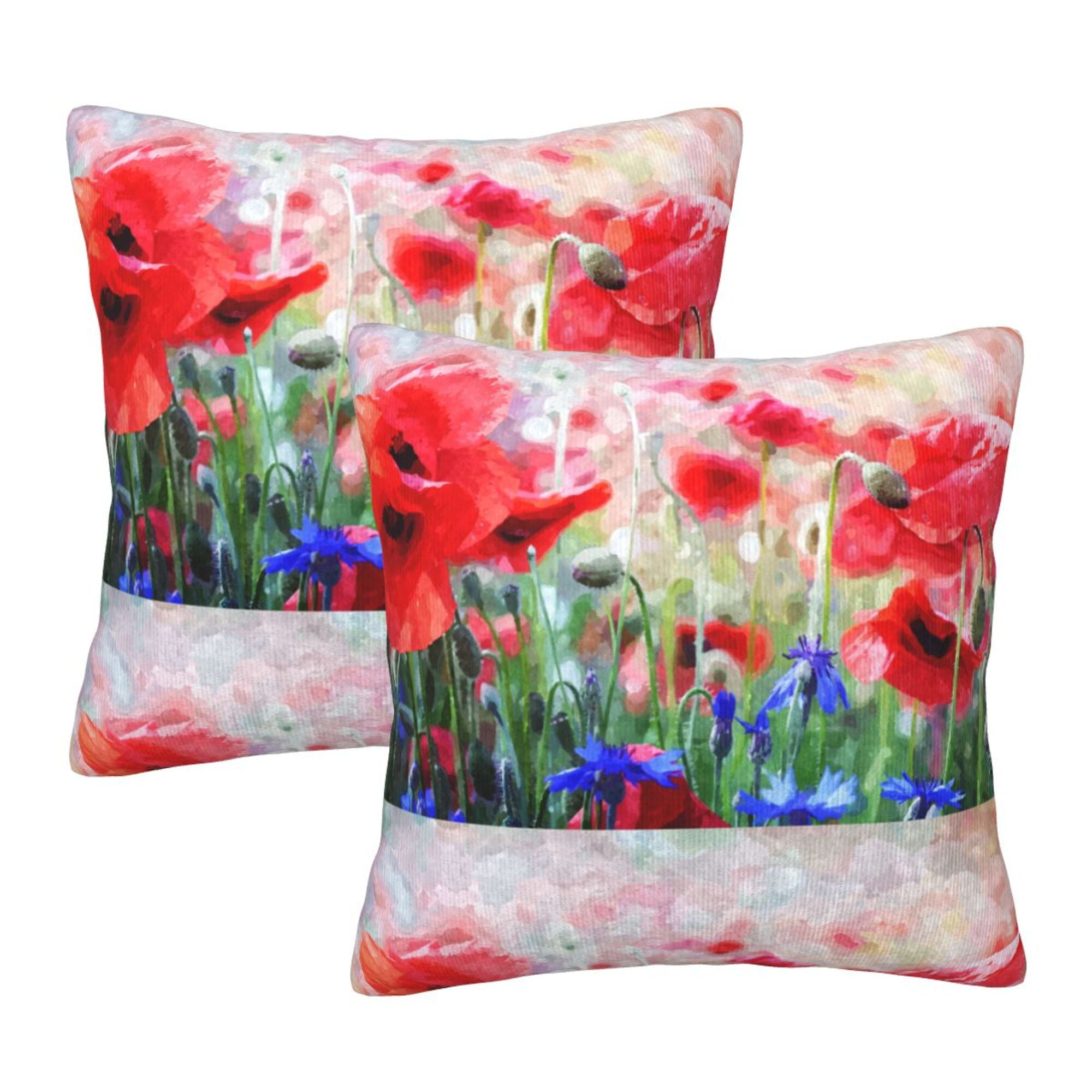 Home Throw Pillow Covers Poppy flowers watercolor painting Square Thick ...