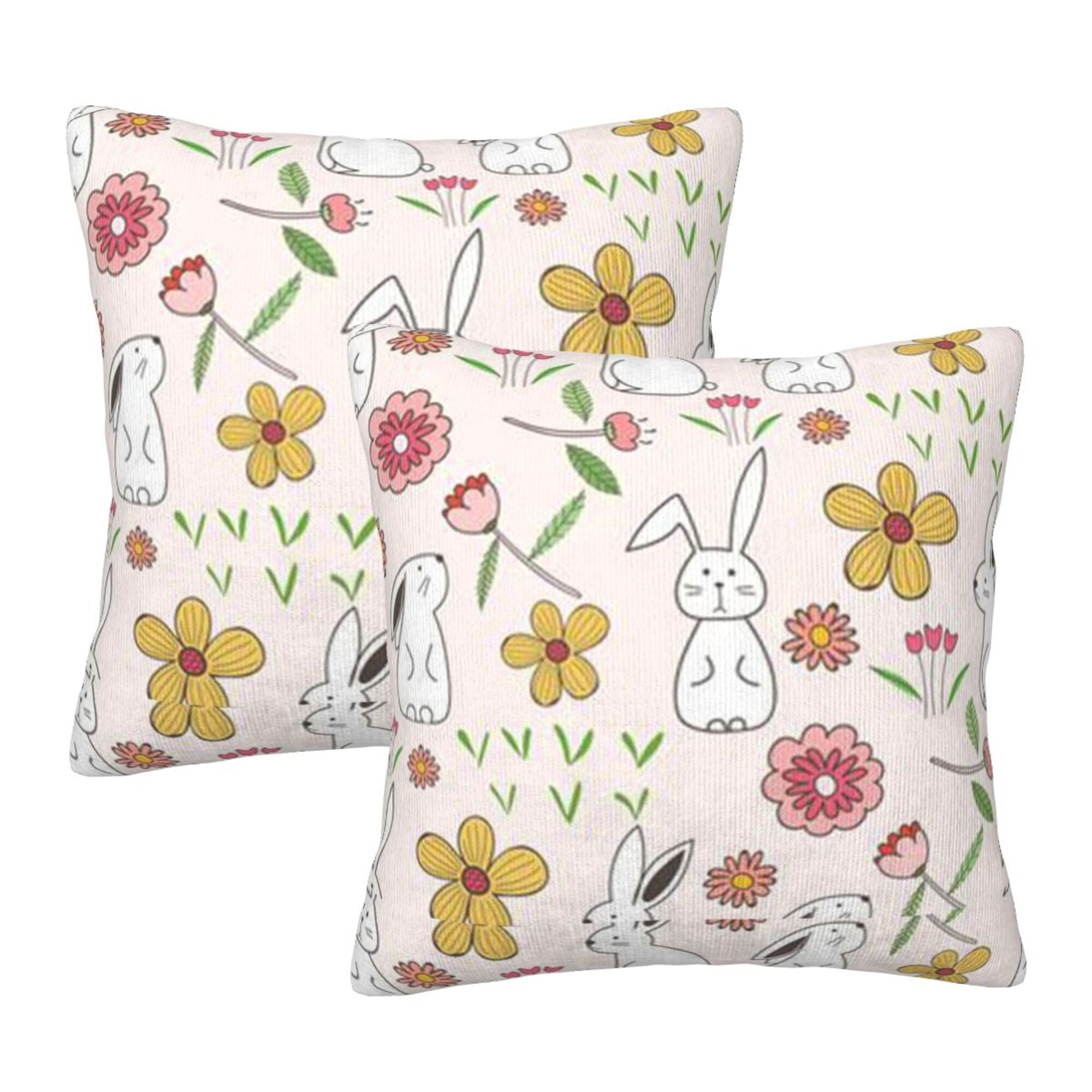 Home Throw Pillow Covers Rabbit-Bunny Pink Floral Easter Square Thick ...