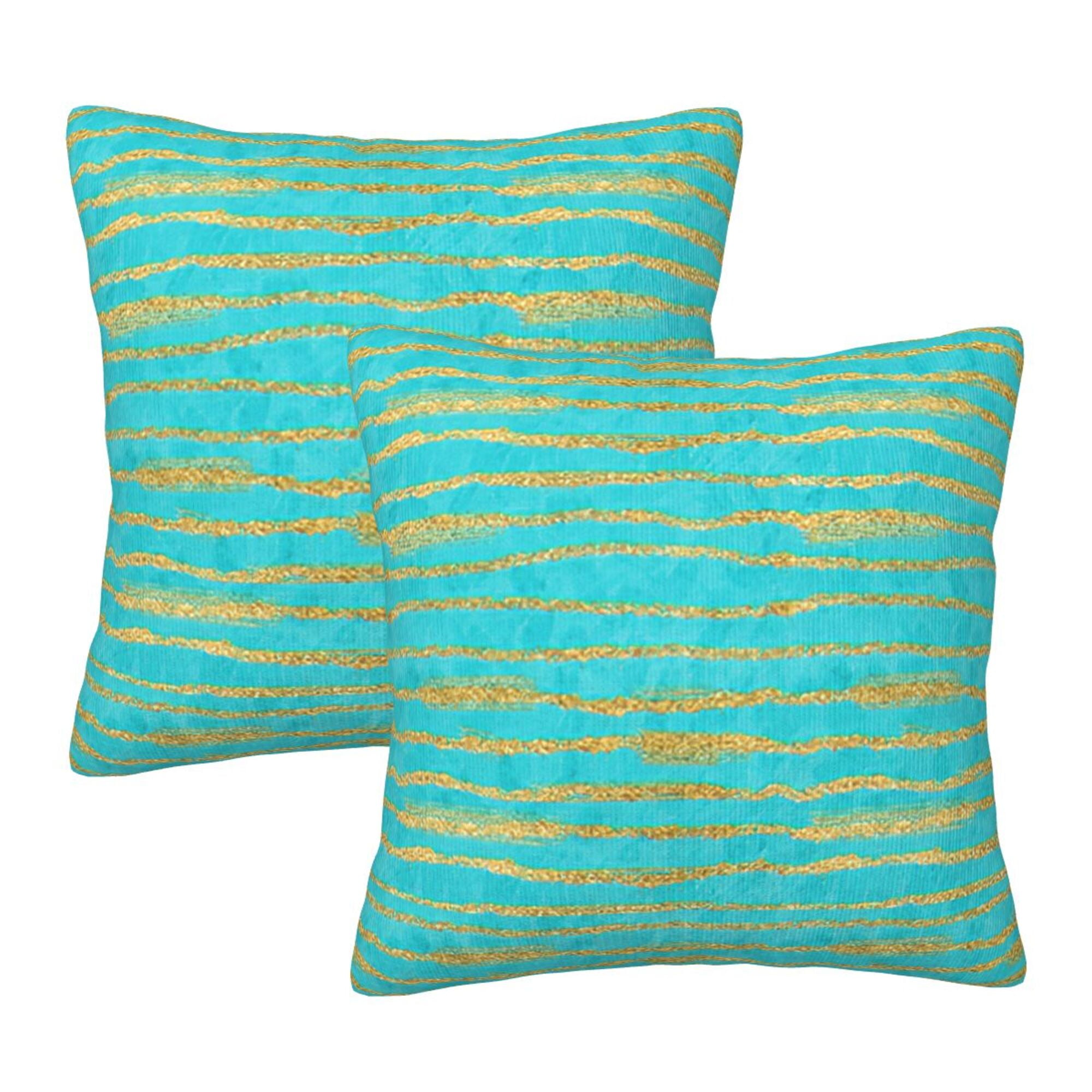Home Throw Pillow Covers Thin golden glitter stripes turquoise Square ...