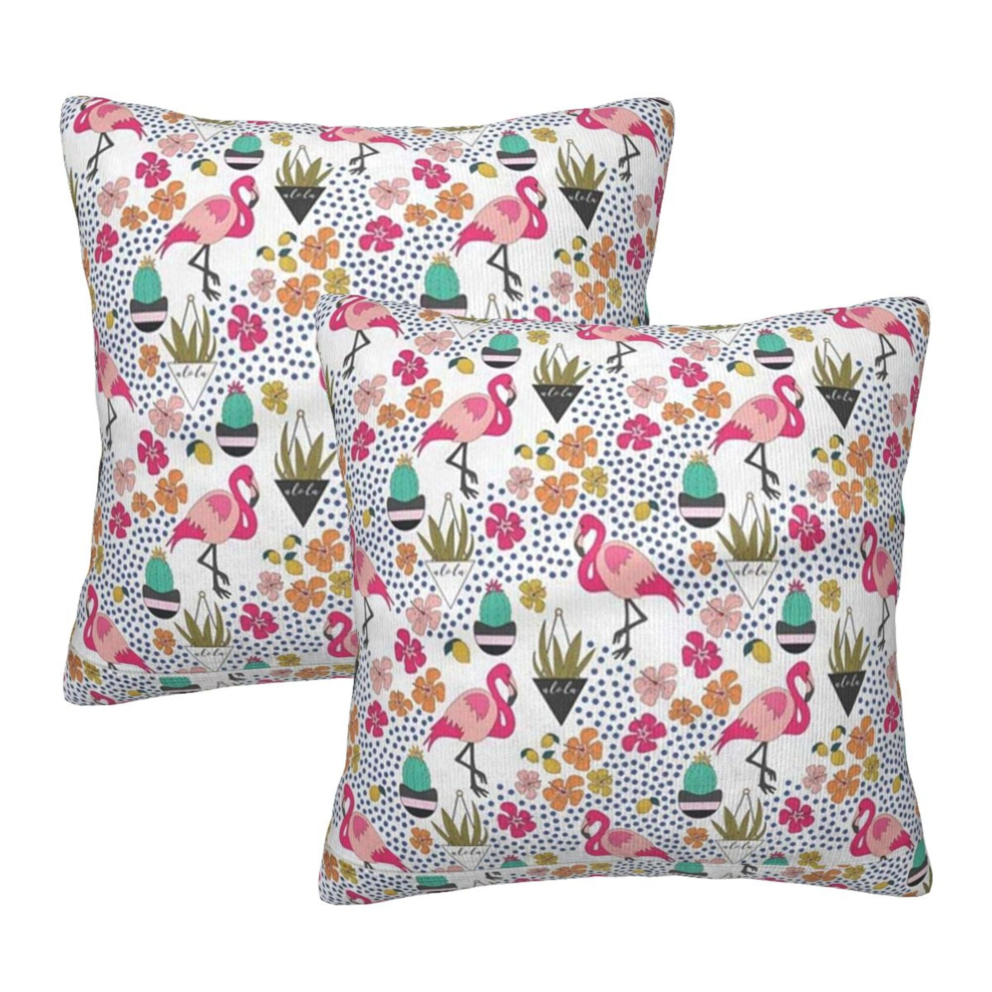 Home Throw Pillow Covers Tropical-Summer-Flamingos-Lemons Square Thick ...