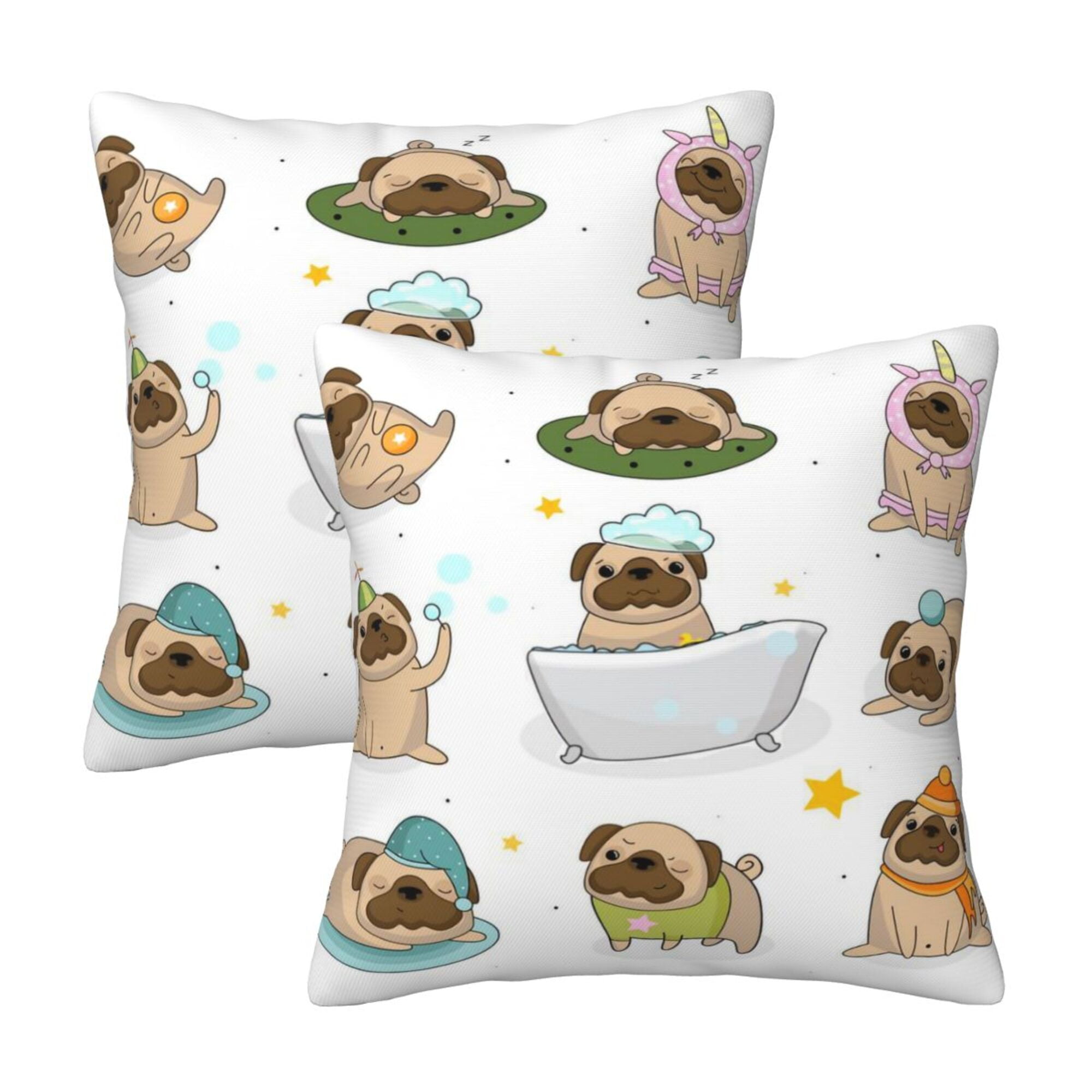 Home Throw Pillow Covers Two Sides Printed Pug dog set hand drawn pug ...