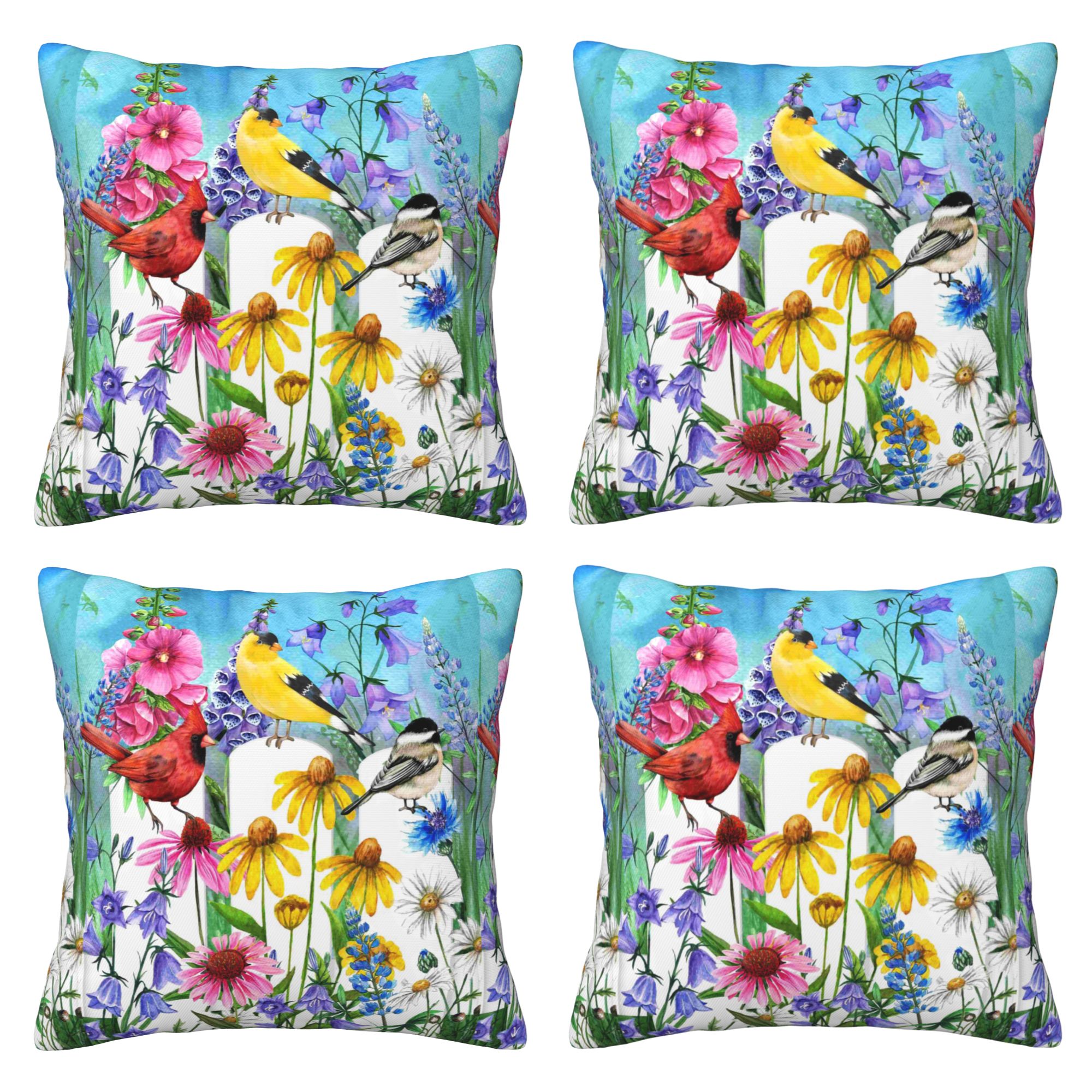 Home Throw Pillow Covers Two Sides Printed Three Birds on Yellow Pink Purple White Flowers ...