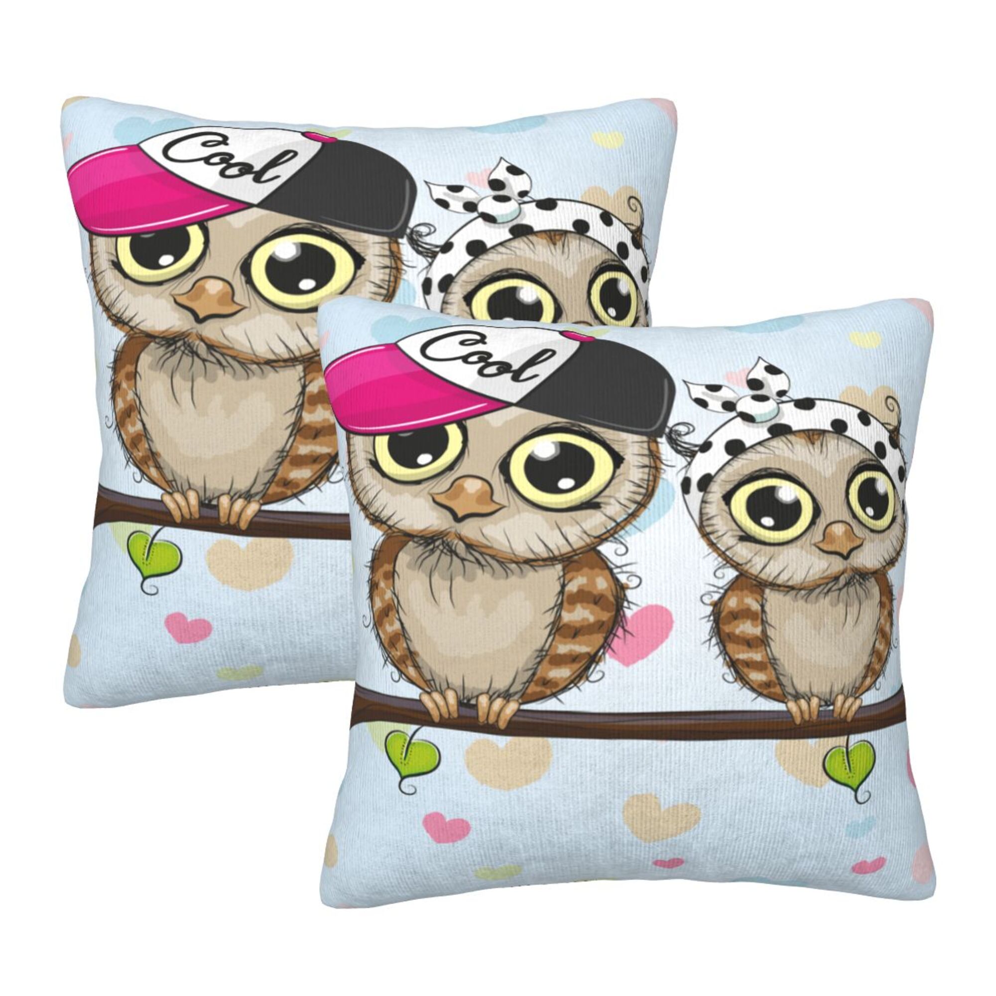 Home Throw Pillow Covers Two cute cartoon owls sitting on branch Square ...
