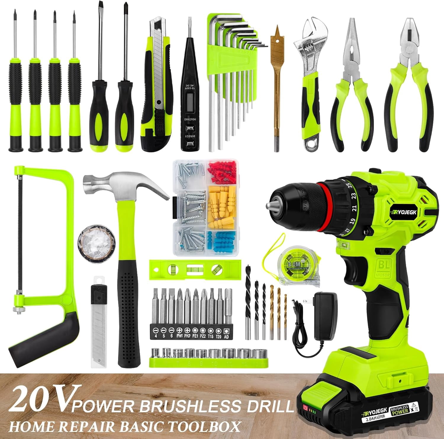 Home Tool Set with Brushless Drill, 20V 119PCS Cordless Drill Tool Box ...