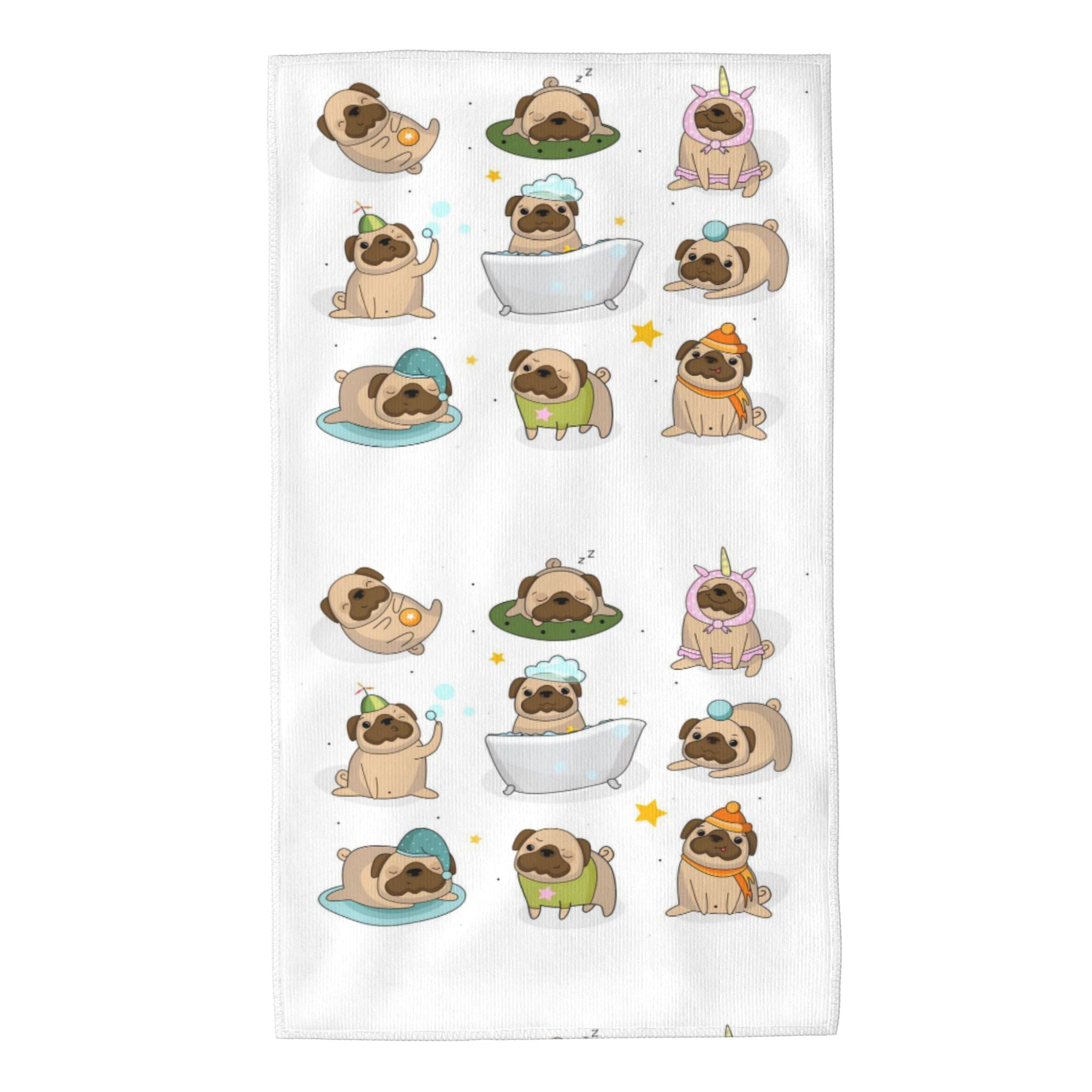 Home Towels Pug Dog Set Hand Drawn Pug Stickers Absorbent Hanging Hand ...